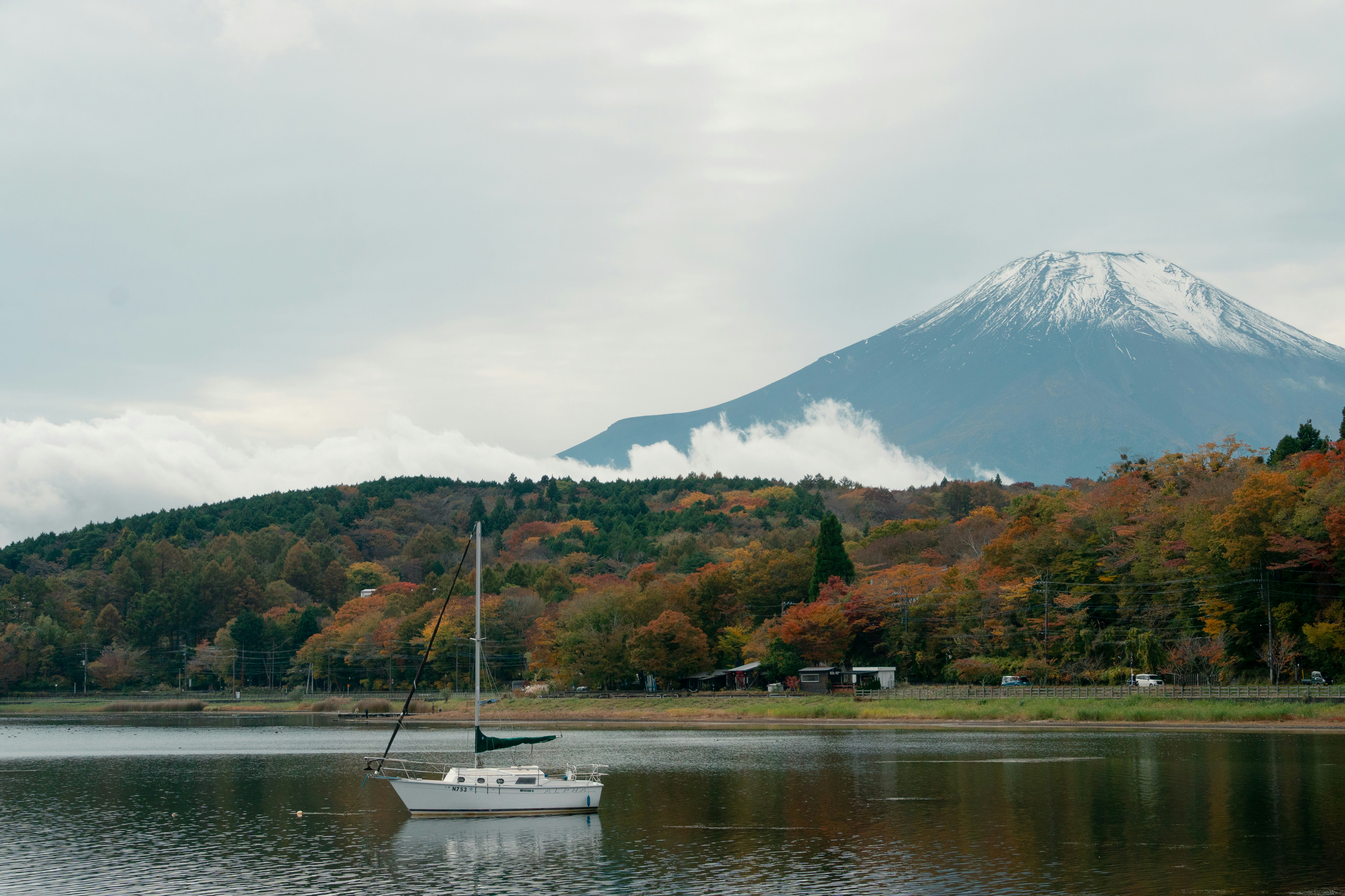 Mt. Fuji in Autumn: a still harbor and glassy lake