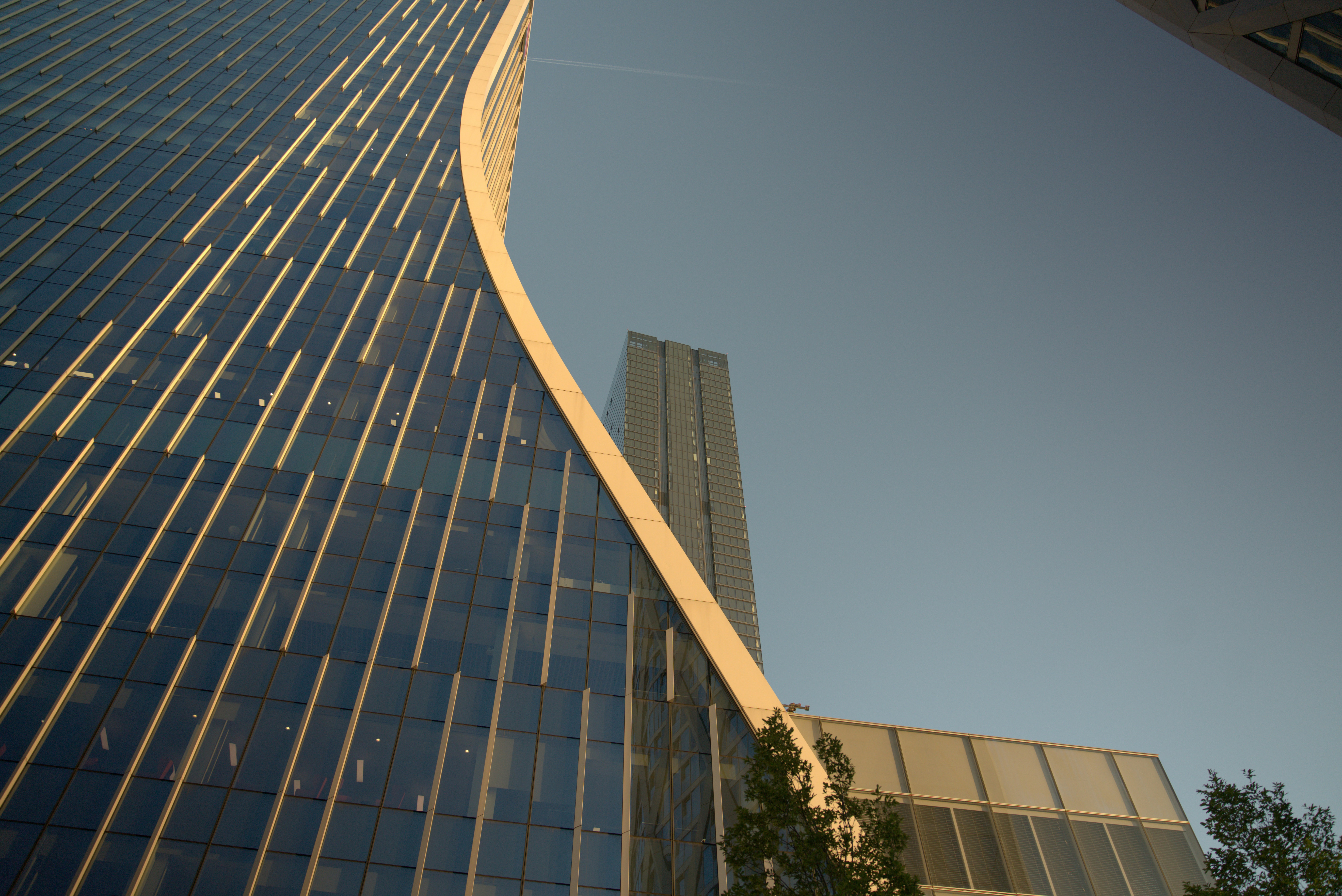 Glass-curtain skyscraper curves upward, reflecting a clear sky with a hint of golden hour light; a lower corner reveals leafy trees and a modern glass extension. This is a architectural photograph capturing lines, reflections, and urban geometry.
