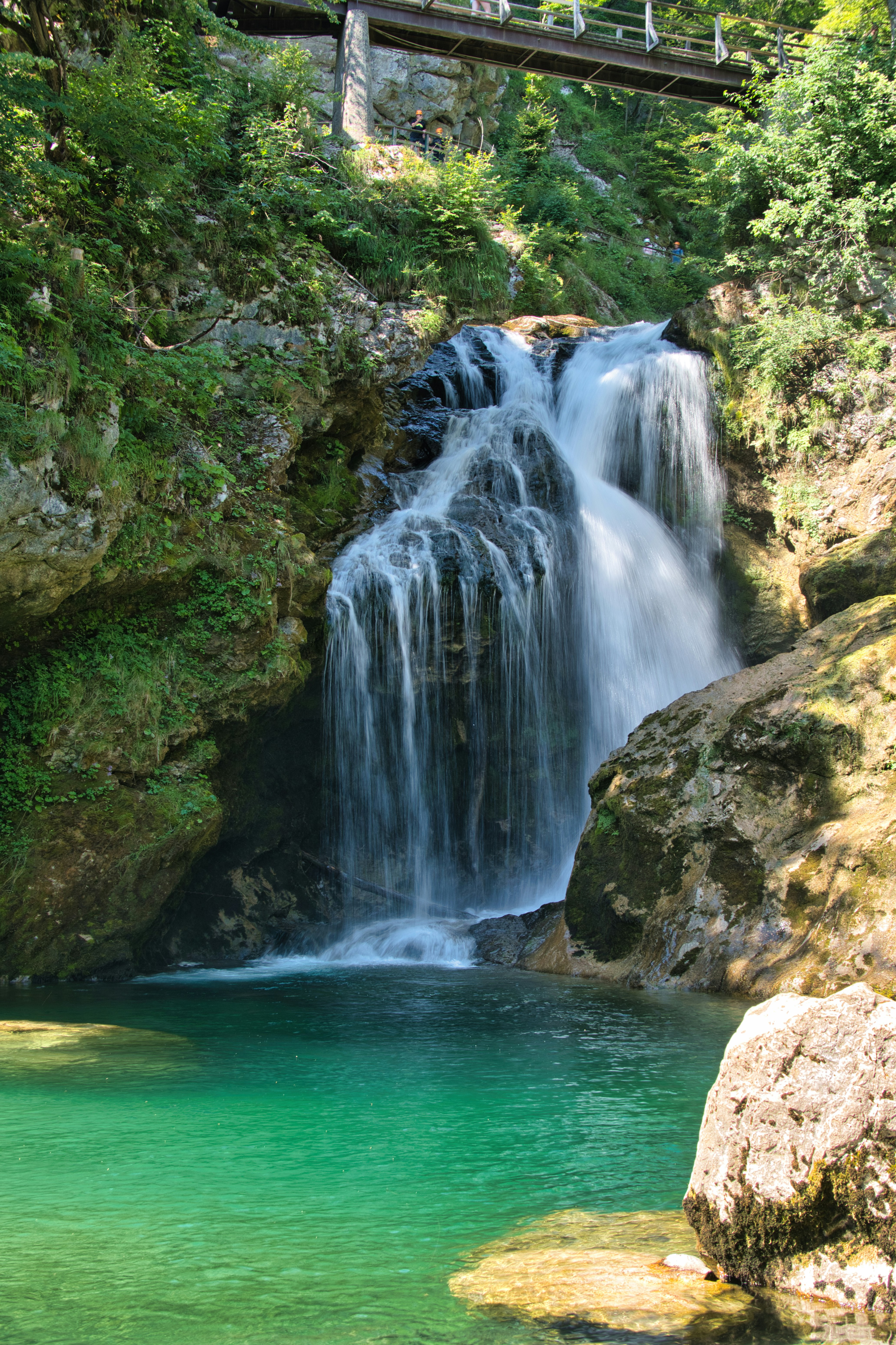 Emerald Cascade Beneath a Quiet Bridge