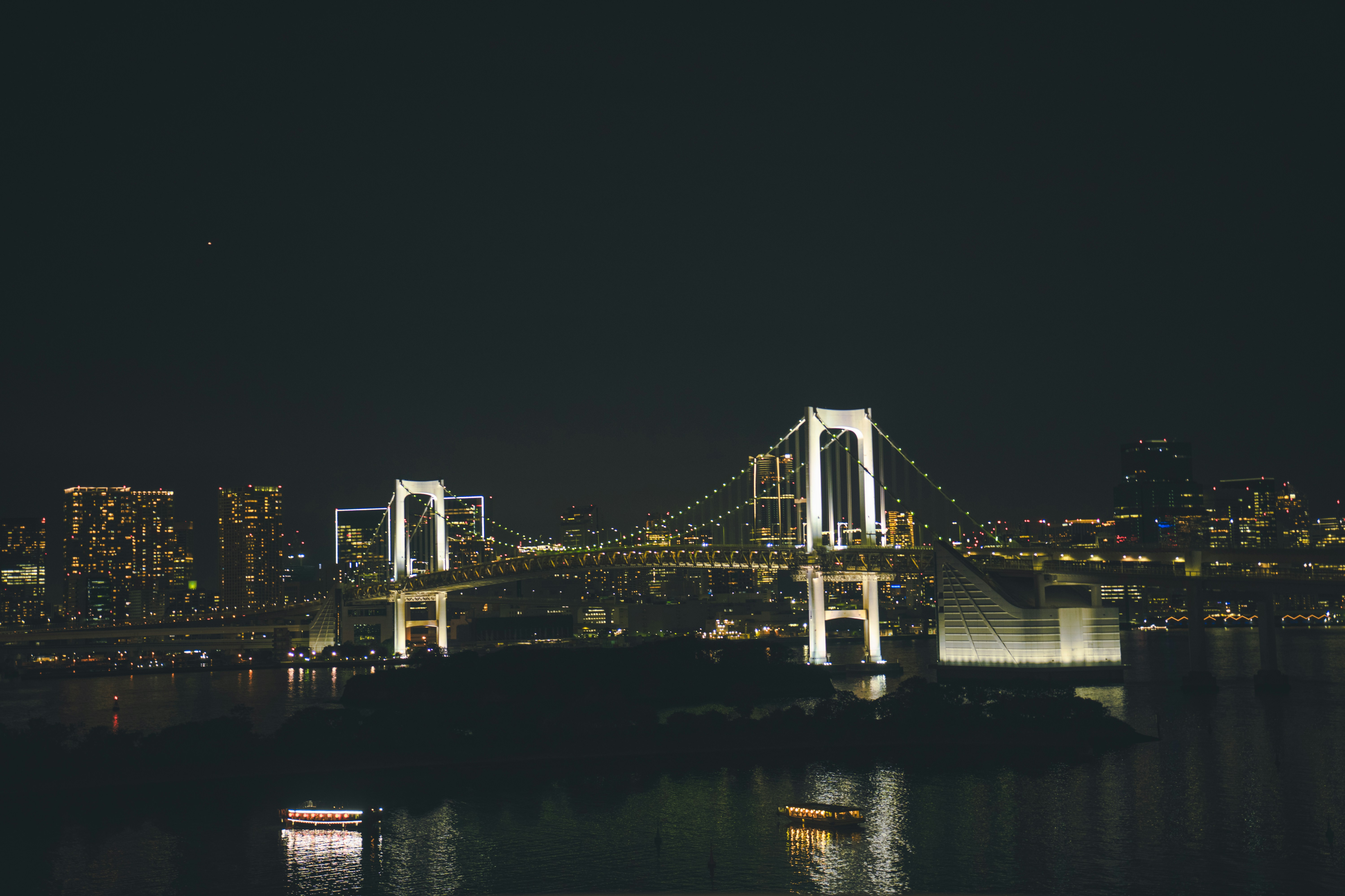 Night-time Riverfront: Illuminated Suspension Bridges Across the Skyline