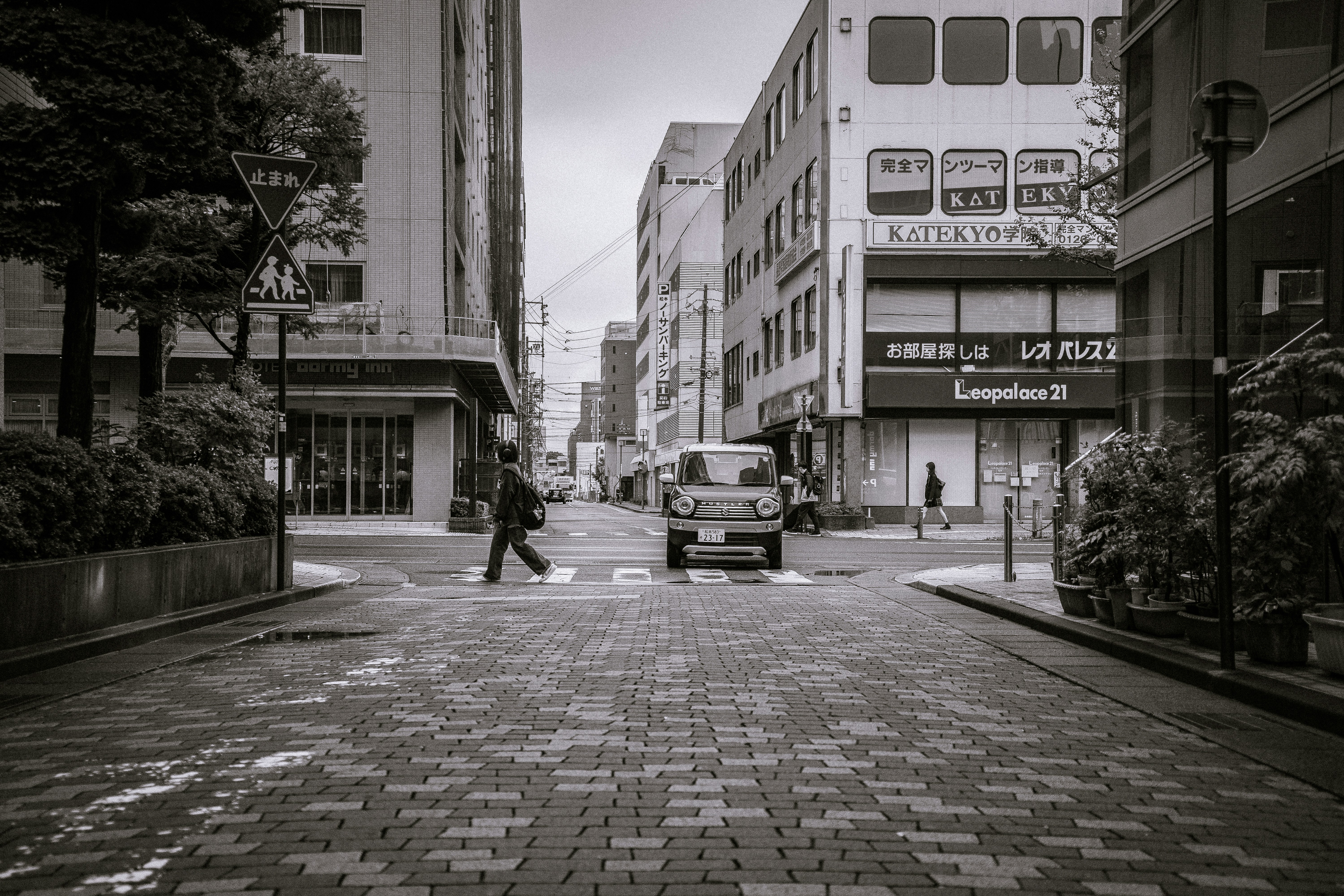 Quiet Crossroads: A Monochrome Tokyo Street in Focus