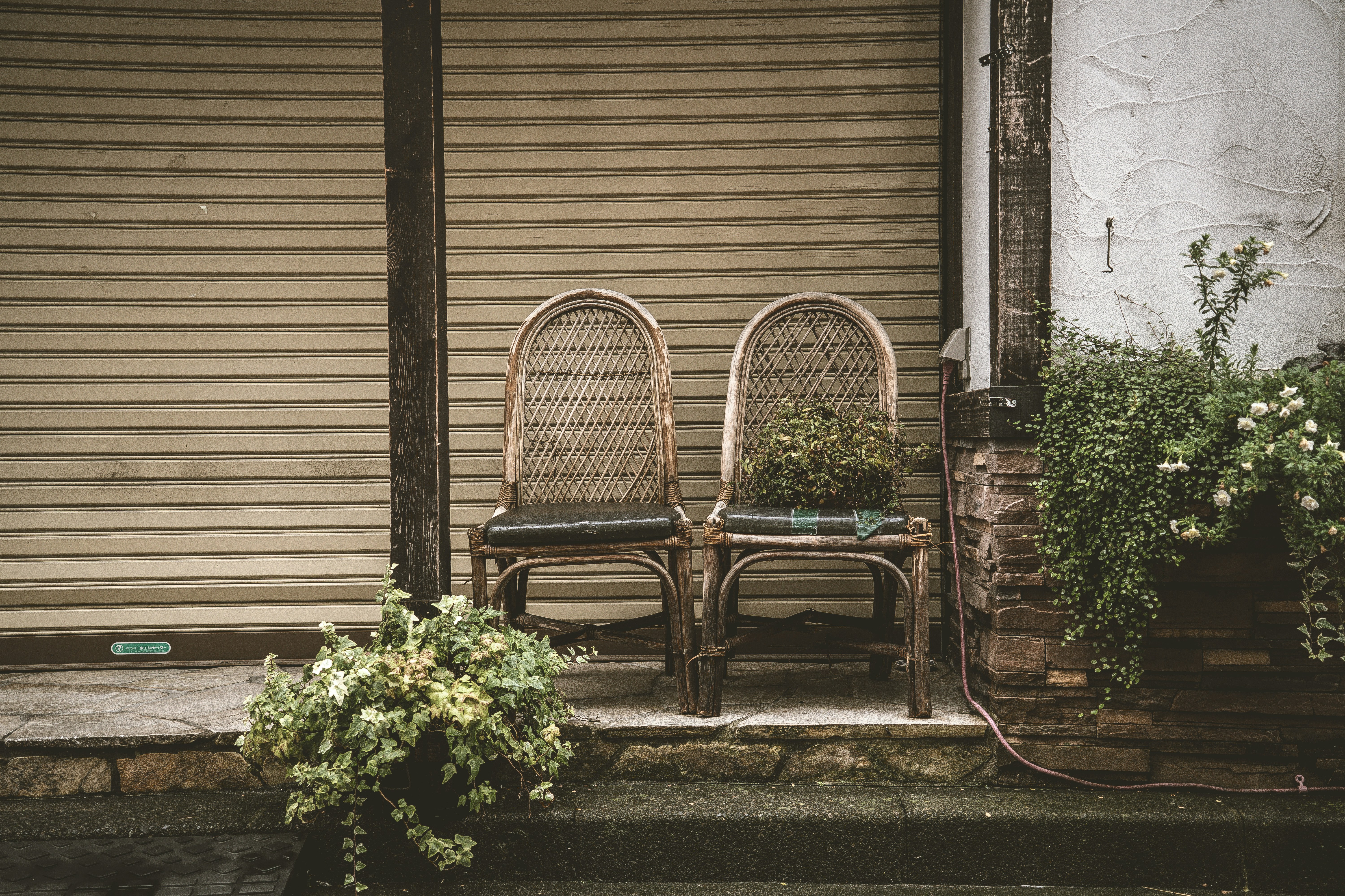 Two Woven Chairs at the Edge of a Quiet Shopfront