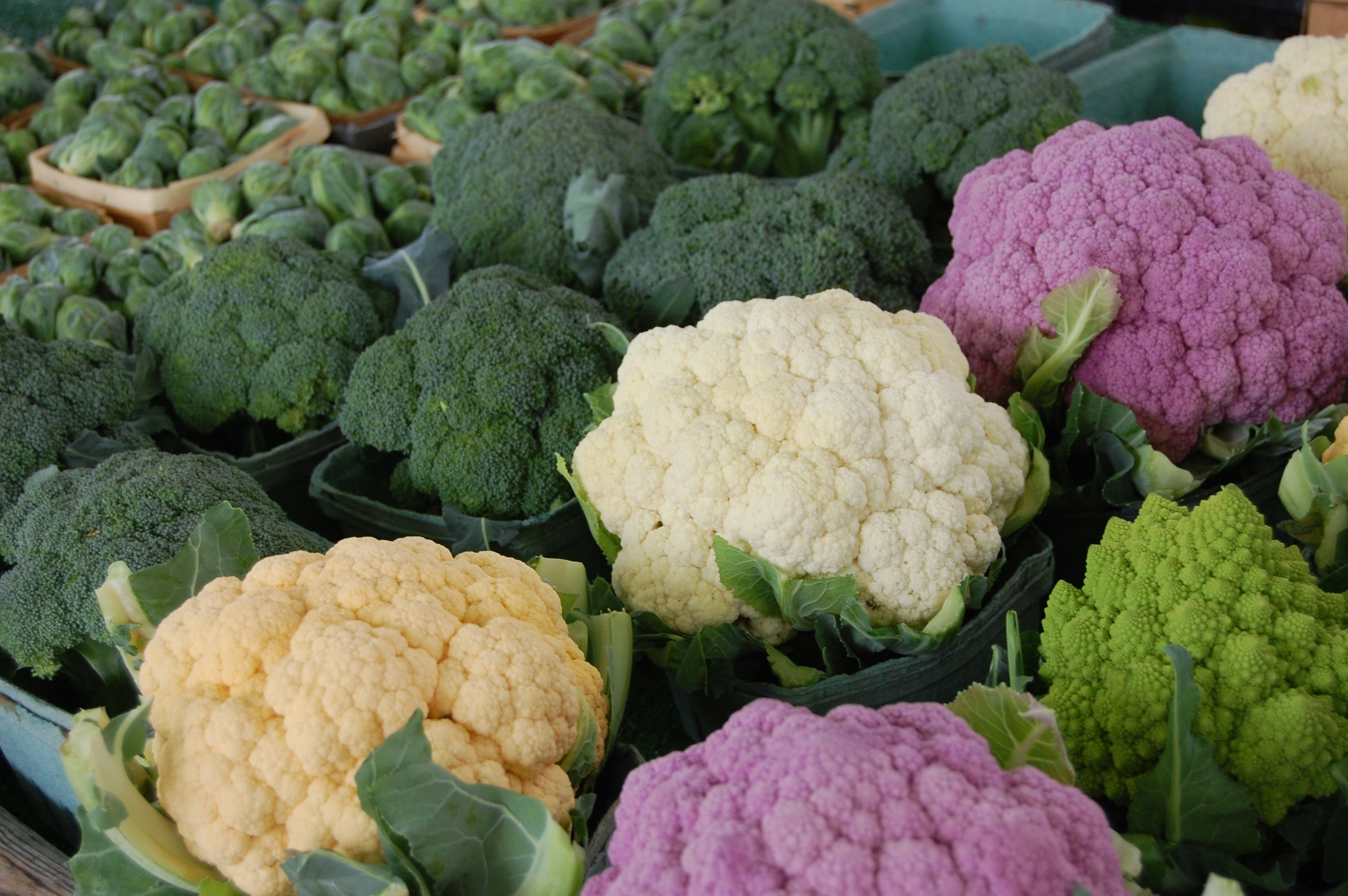 Assortment of vibrant cauliflowers and broccoli at a market stall, showcasing varied colors and textures. A still-life of fresh produce.