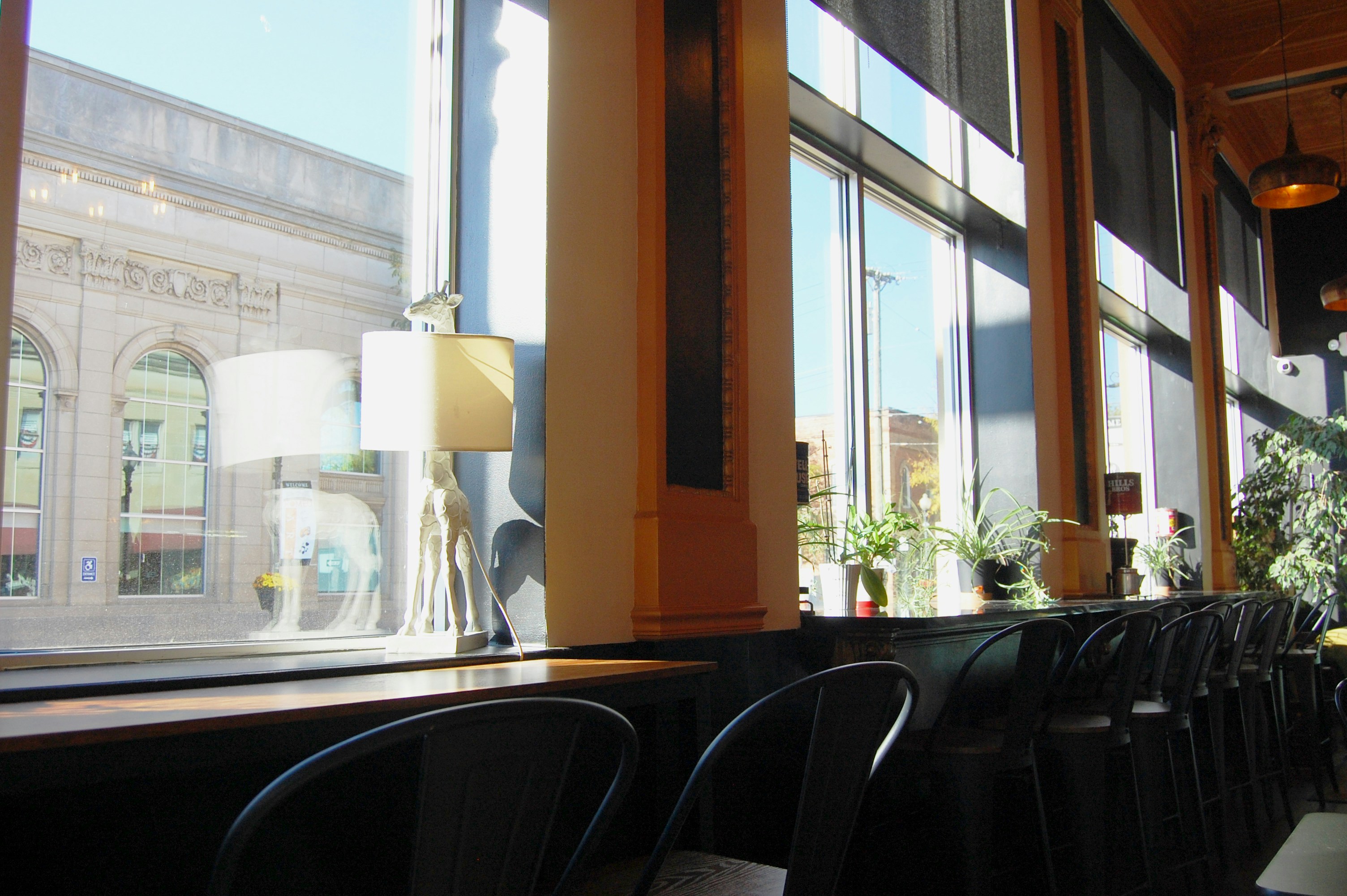Sunlit Front Window Café: Rows of Chairs into a Bright Street