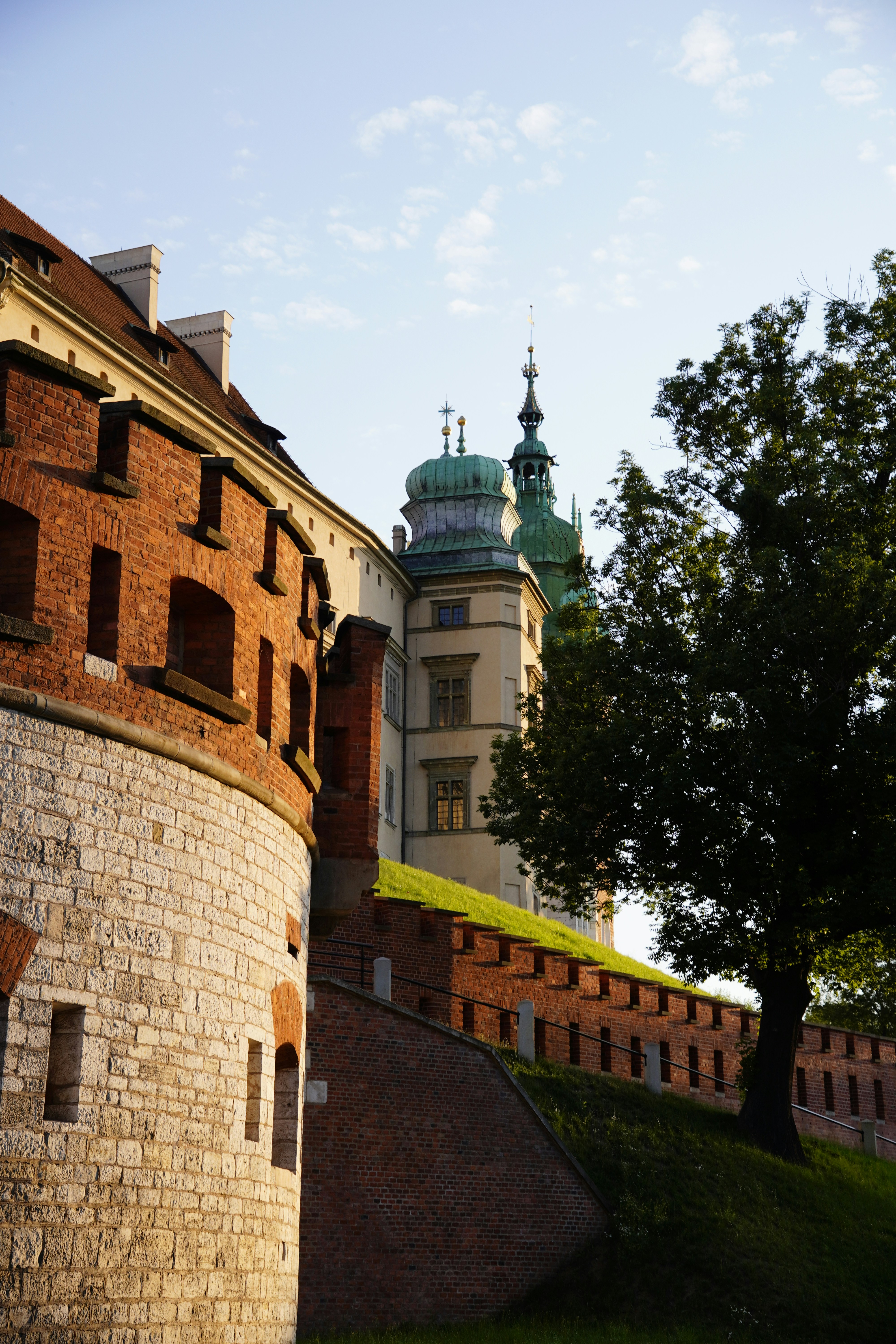 Fortress Corner: Brick Wall, Tower Spires and a Shadowed Tree