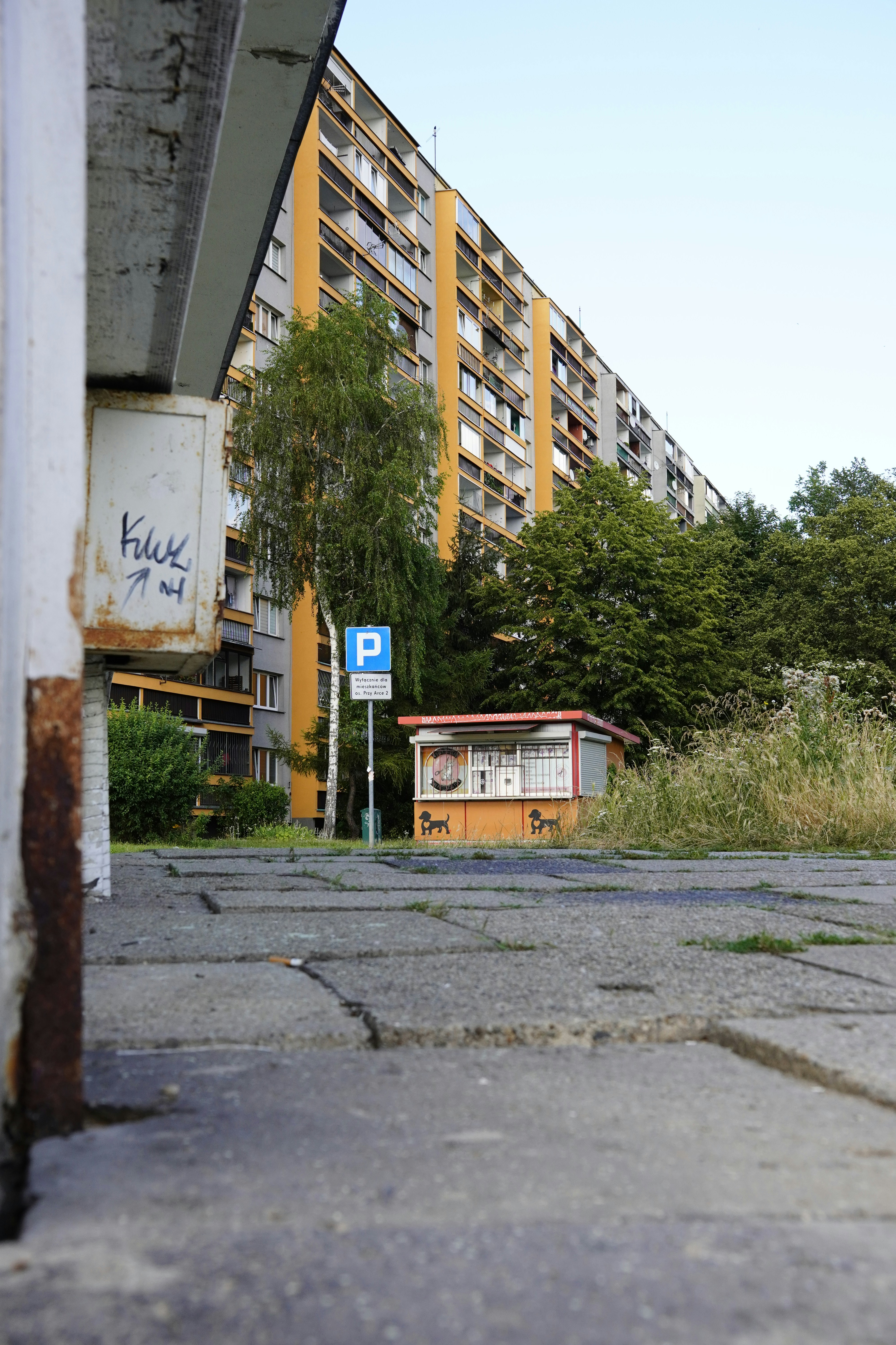 Low-Century Courtyard: A Quiet Street Scene by a Painted Apartment Block