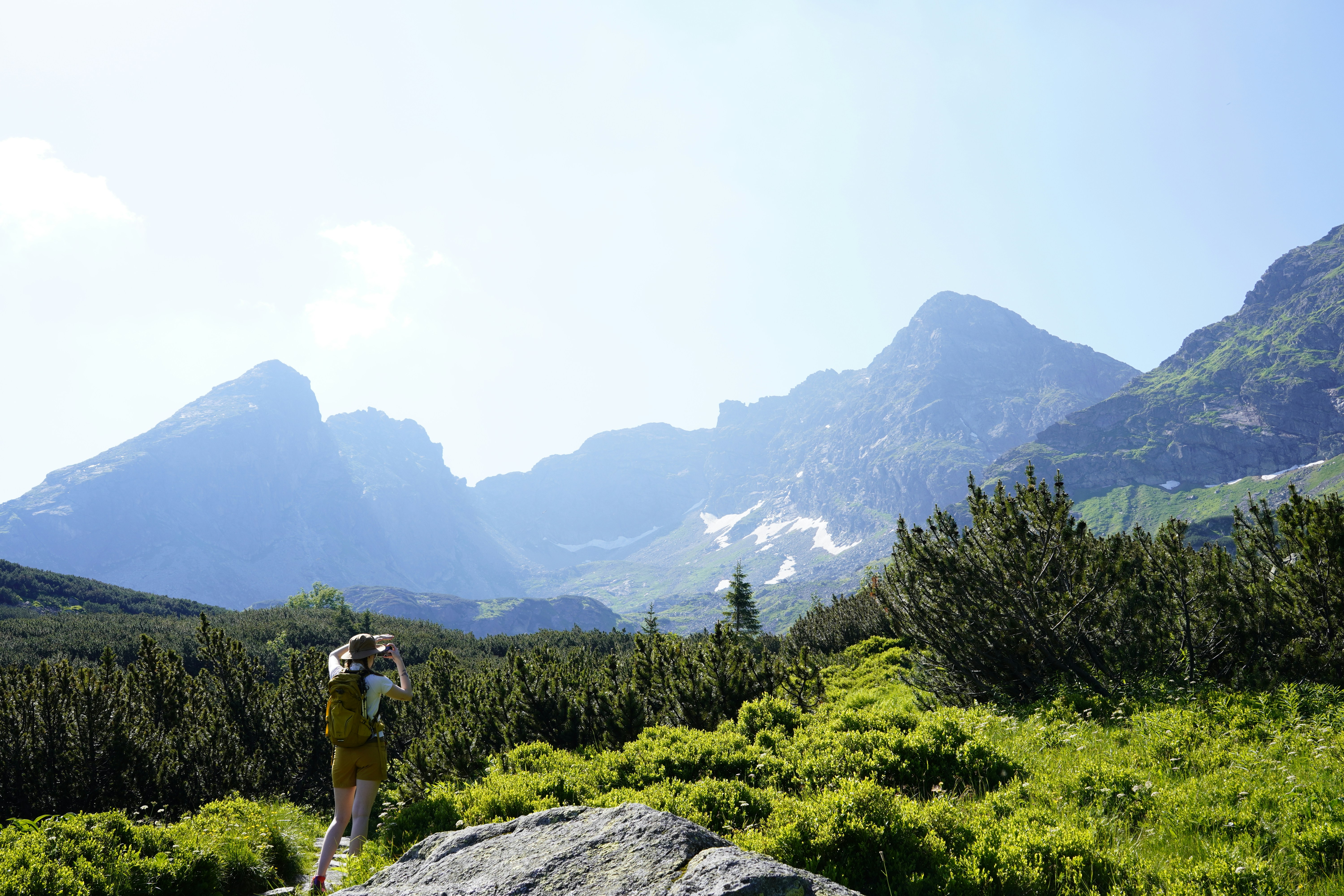 Hiker with Camera Amid Mountain Tapestry