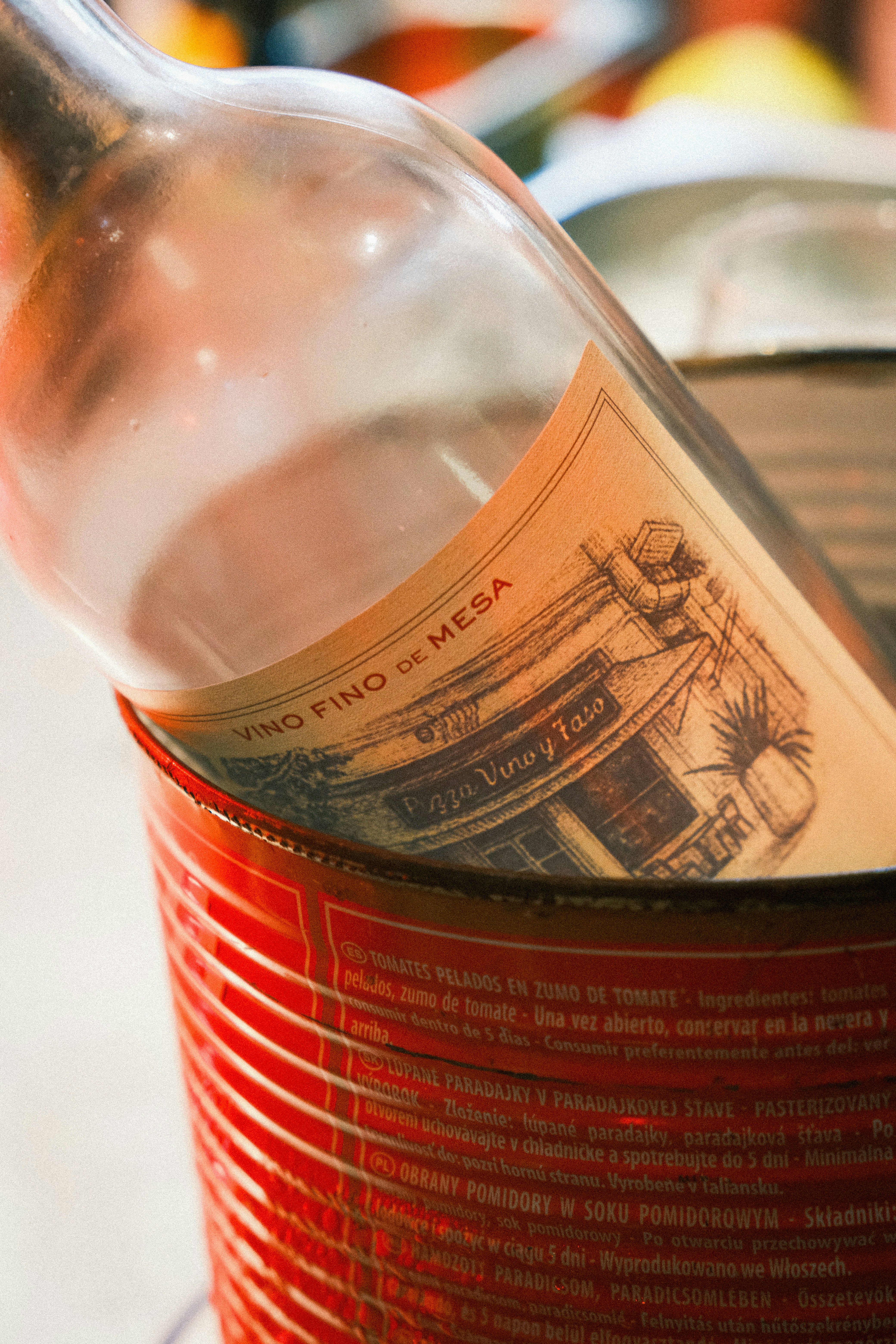 Tilted Bottle, Tomato Can, and Label Details