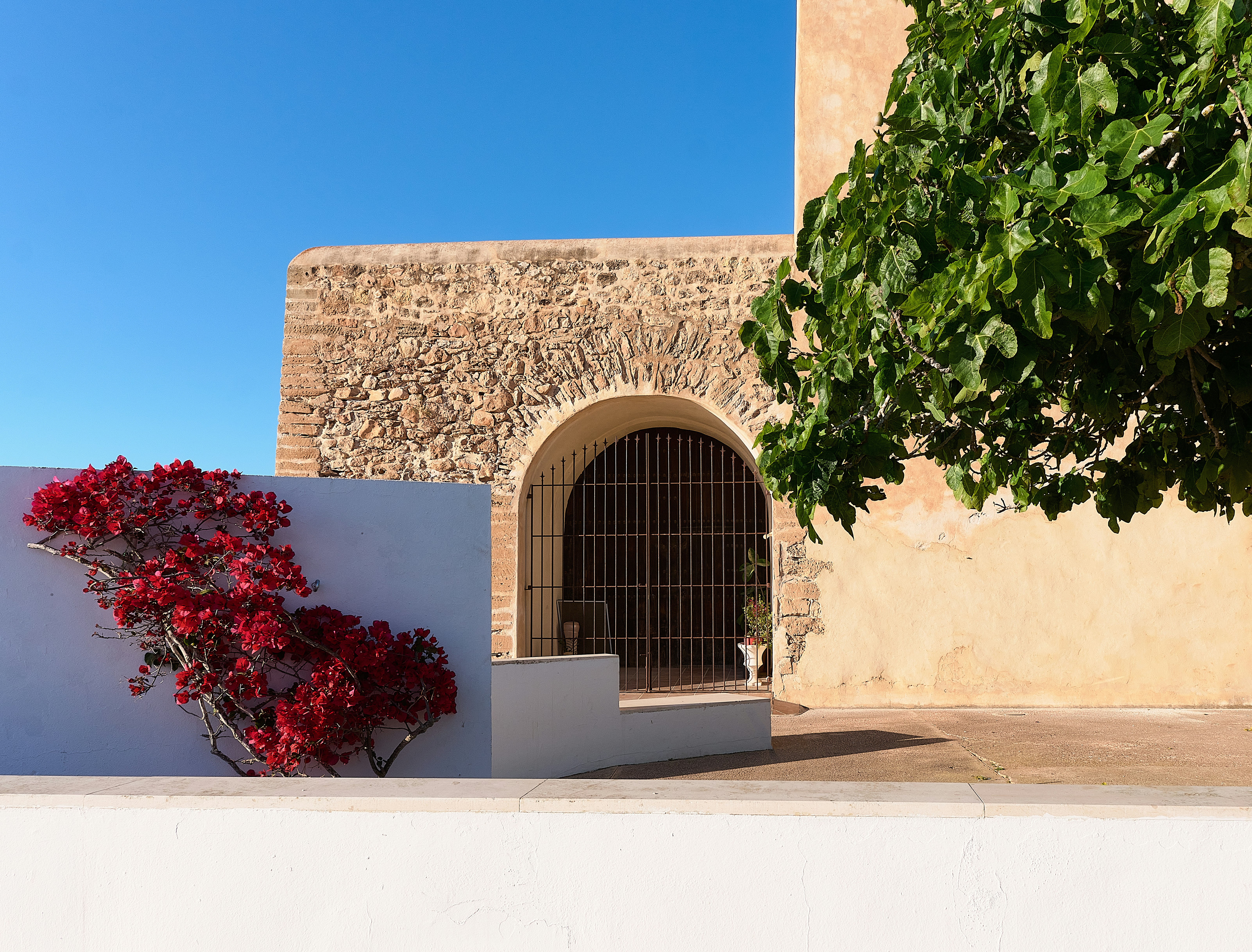 Sunlit Archway and Bougainvillea at the Edge of a Stone Courtyard
