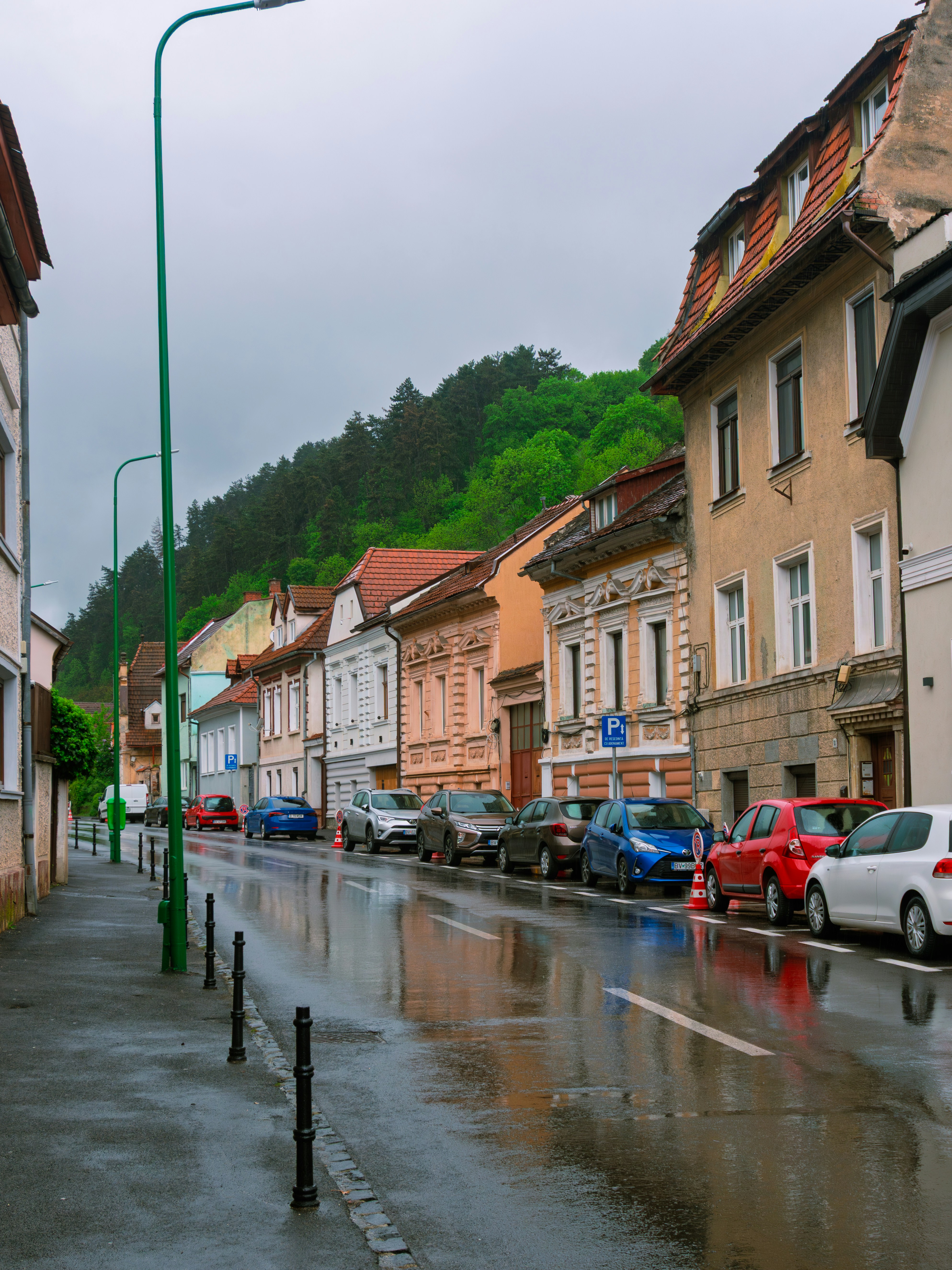 Rain-soaked Street in a Row of Colorful Townhouses