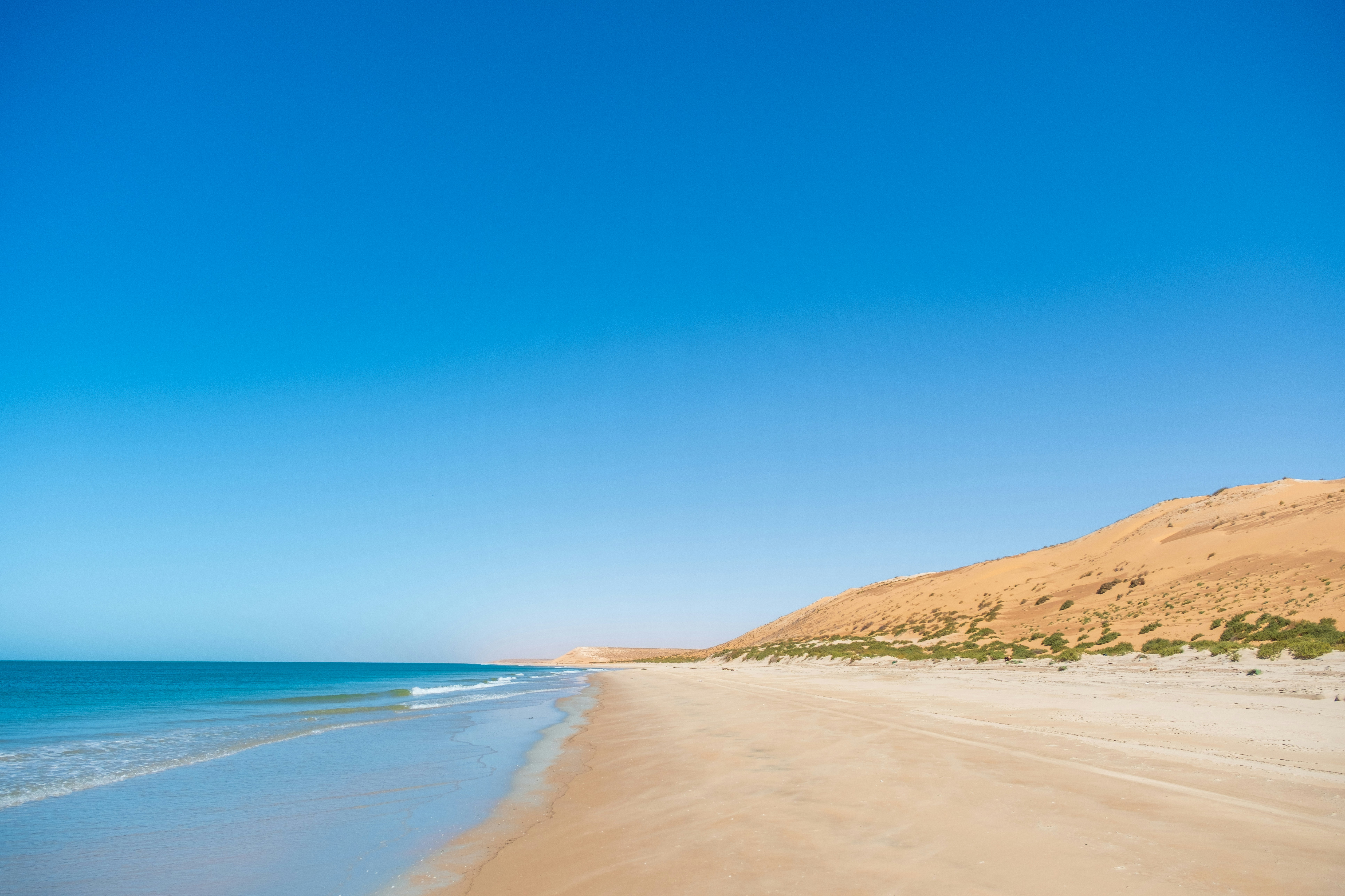 A stunning minimalist landscape photograph capturing the breathtaking contrast of the Banc d'Arguin National Park in Mauritania, where the golden Sahara Desert dunes directly meet the turquoise waters of the Atlantic Ocean. This serene wide-angle shot features an empty sandy beach under a vast, cloudless blue sky, beautifully illustrating the untouched coastal wilderness of West Africa.