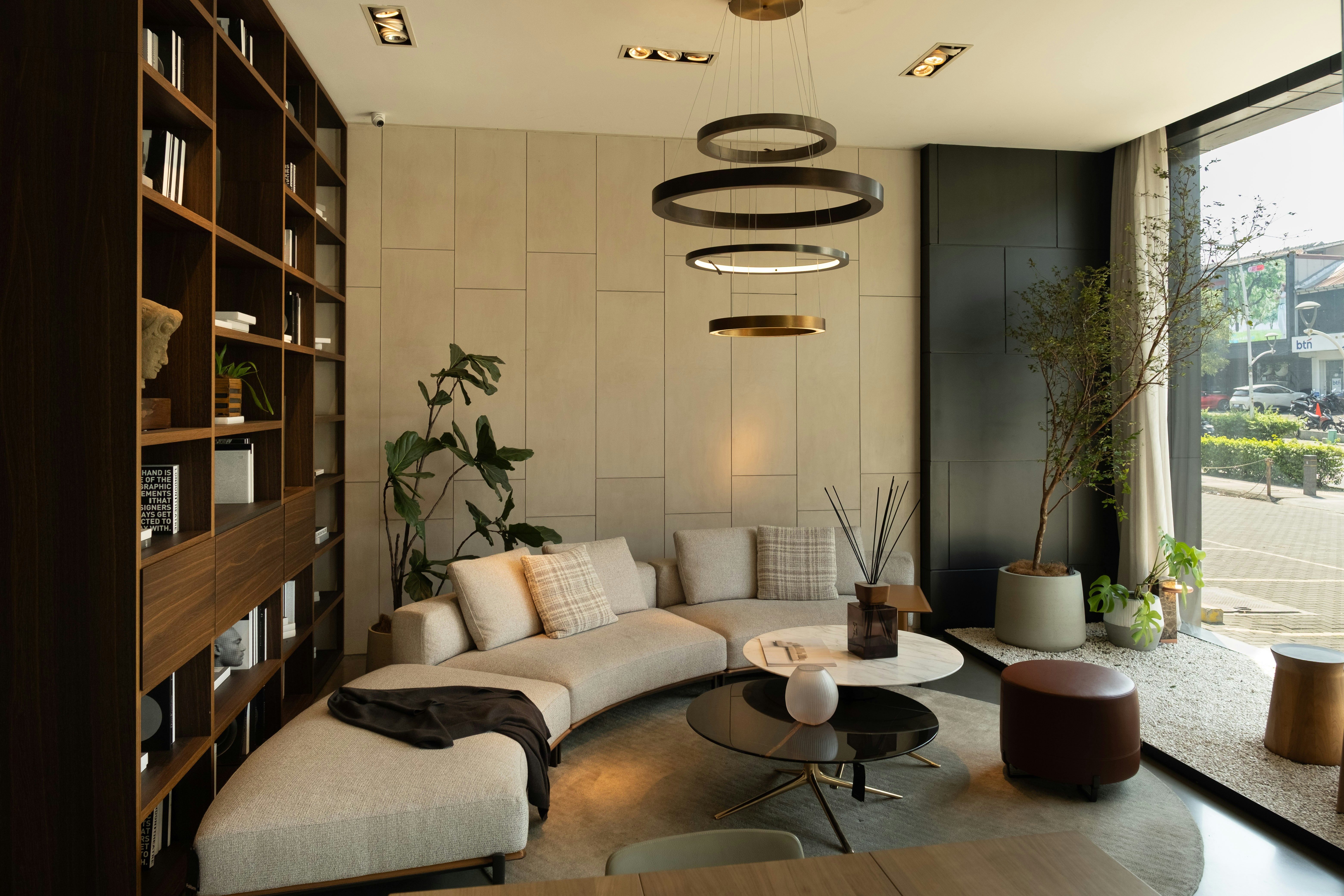 Luminous lounge with sculptural lighting and modular seating