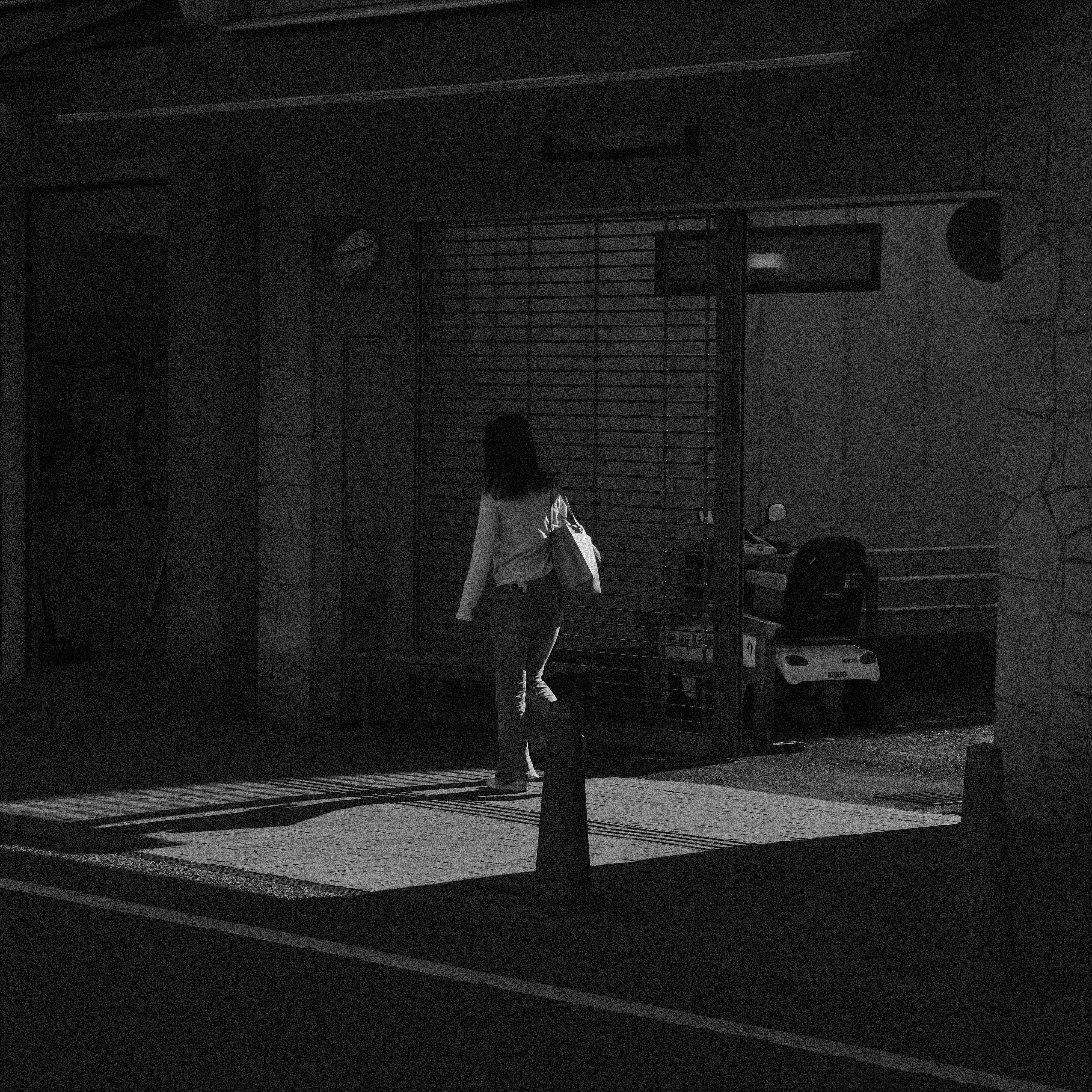 The Walkway Quiet: A Lone Figure Beneath Urban Shadows