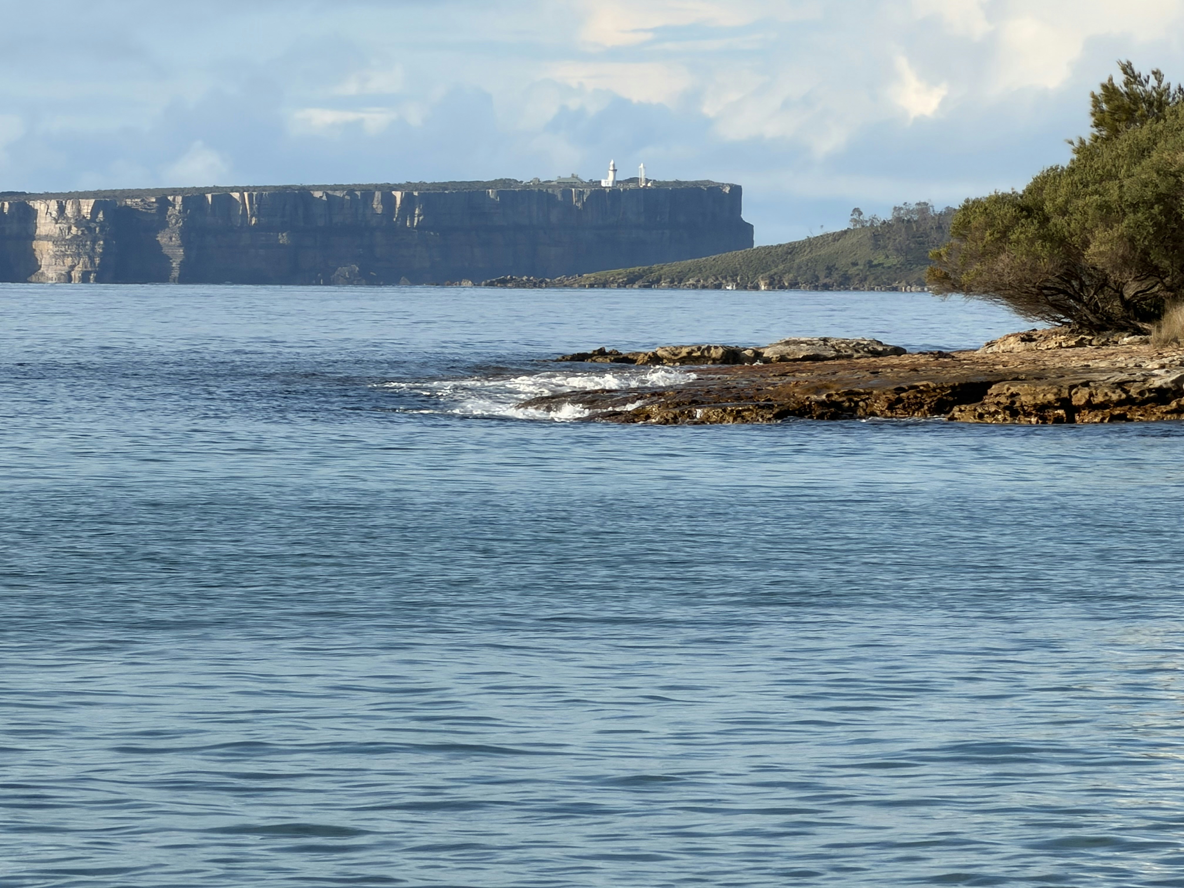 Calm sea meets rocky shoreline with distant cliffs and a small cluster of trees on the right, under a softly lit sky.