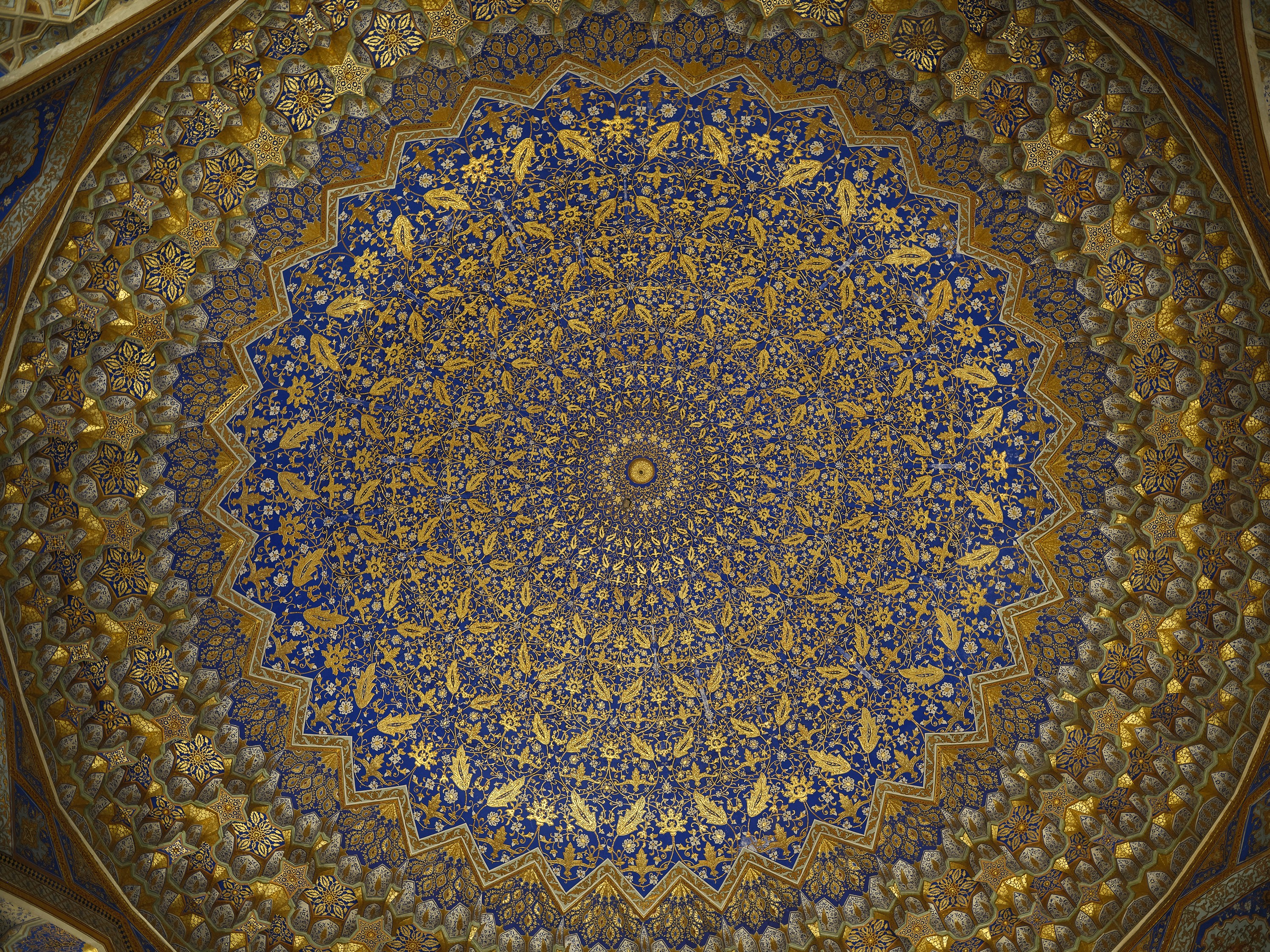 Central Mandala: A Golden Geometric Bloom of a Ceiling Dome
