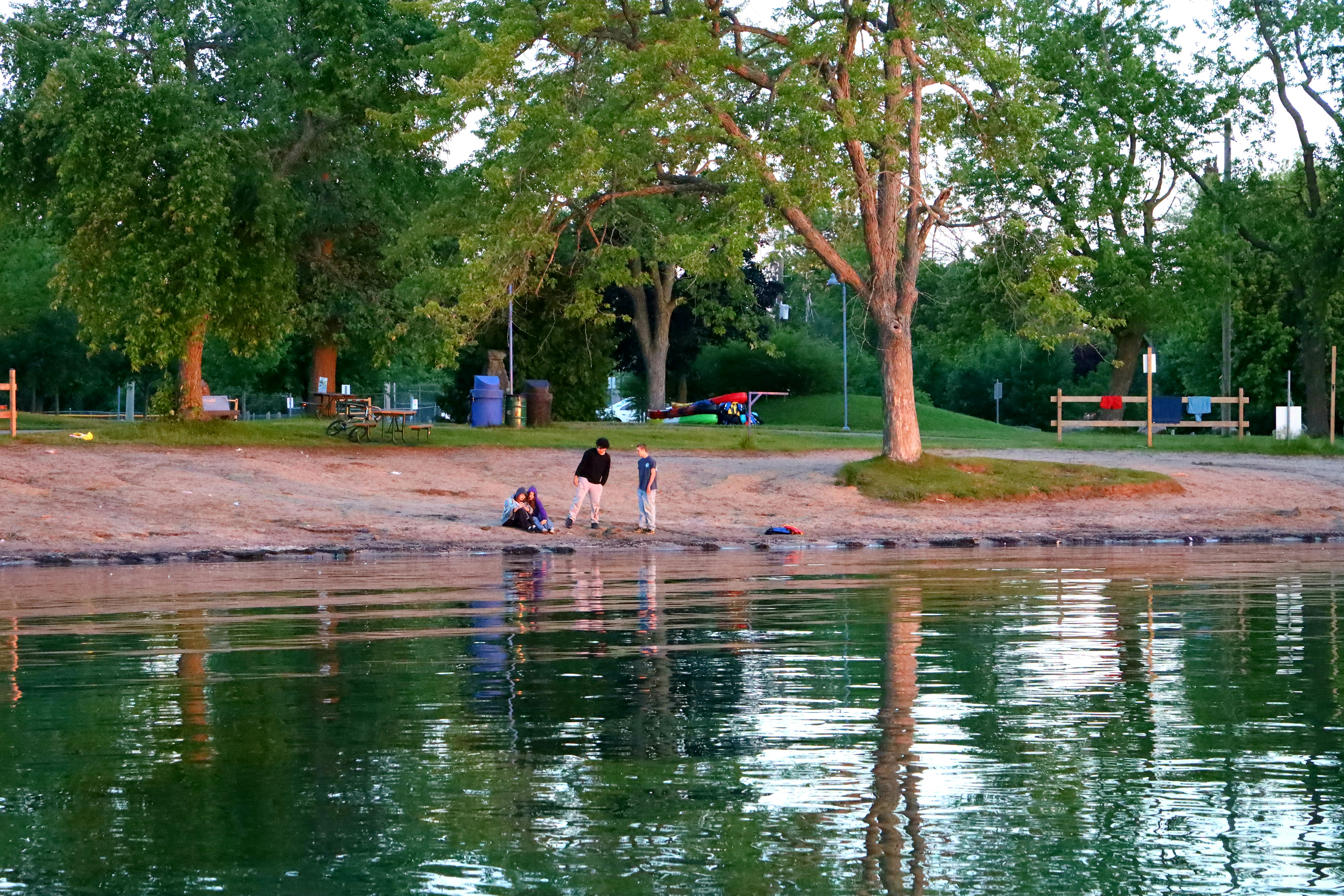 Shoreline Calm: A Small Group by the River in Quiet Park