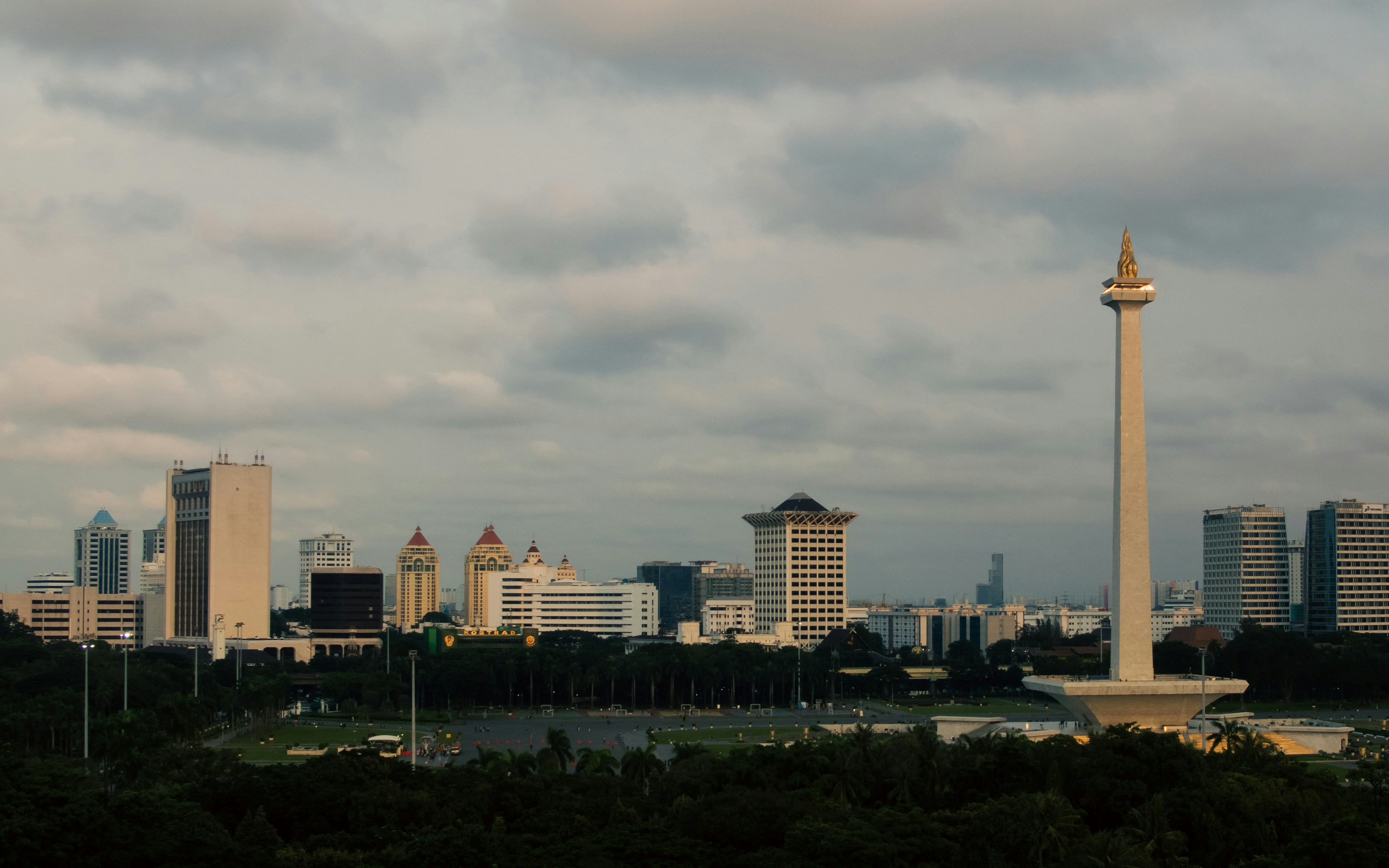 Monument and skyline at dusk with a tall column looming over a sea of trees