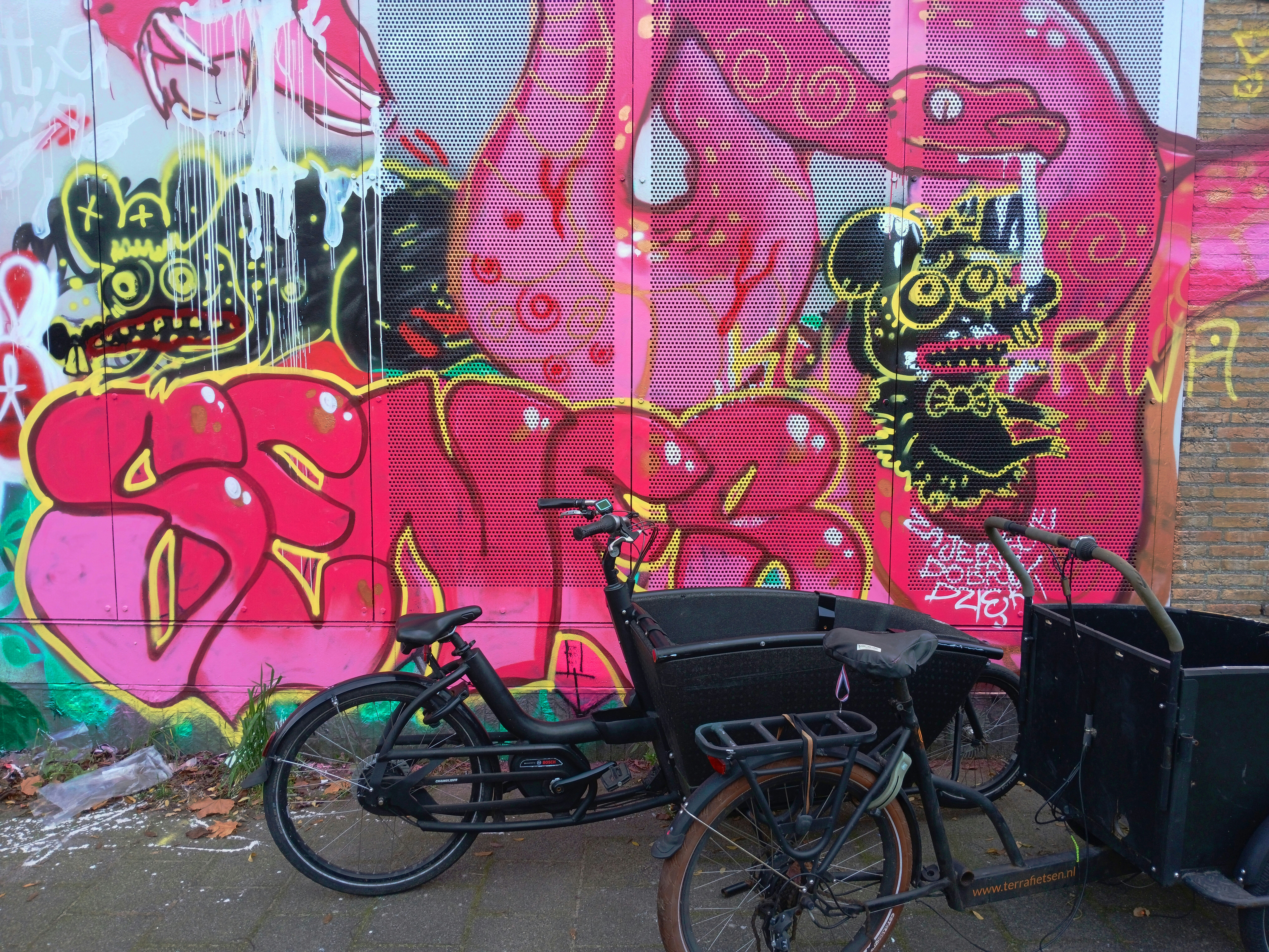 Colorful graffiti wall with pink dragon mural and a cargo bicycle parked in front; the scene captures urban texture and street art composition.