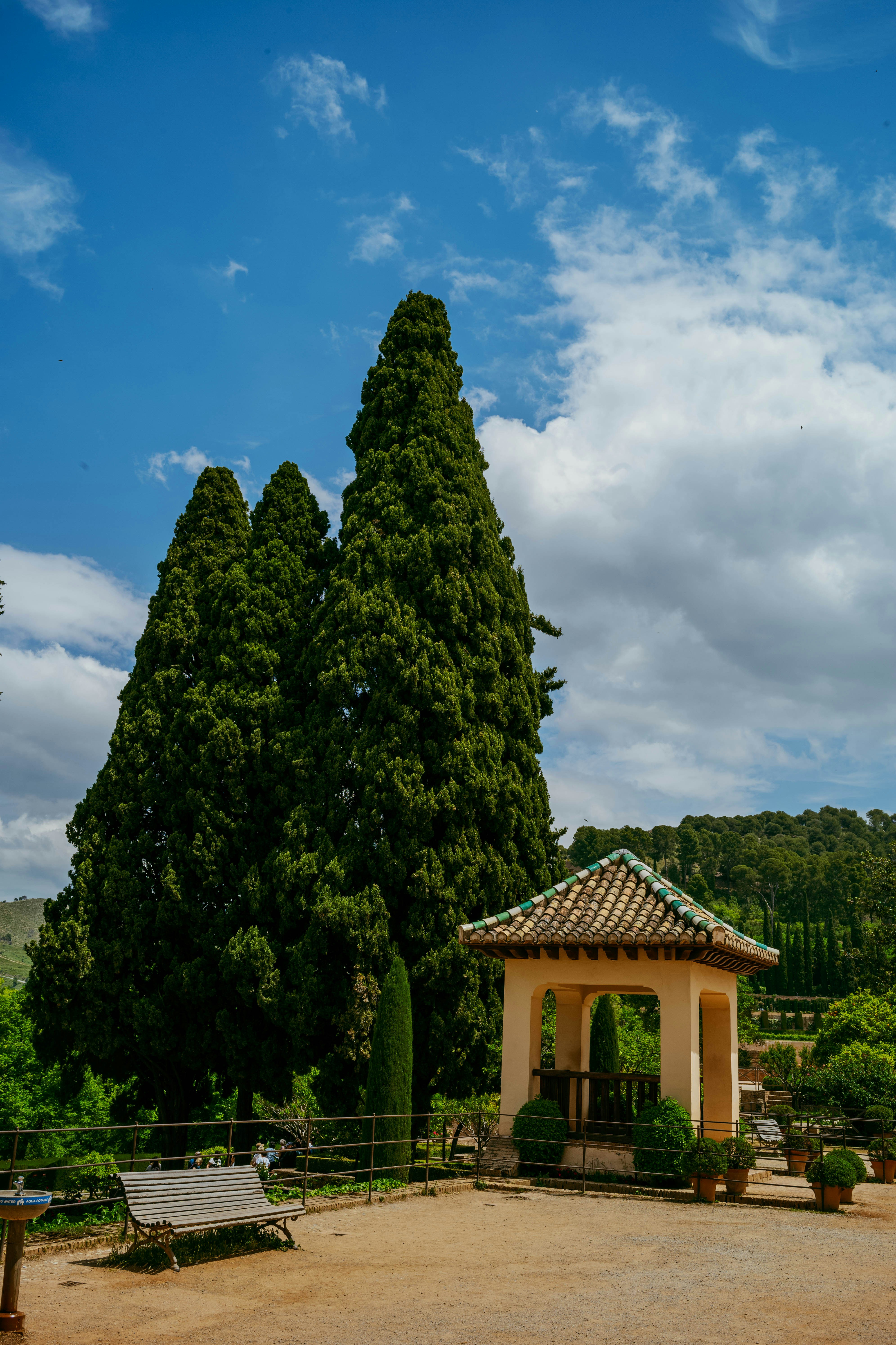 Muted courtyard scene with a small pavilion amid towering evergreens under a blue sky; a bench and potted plants frame the tranquil space.