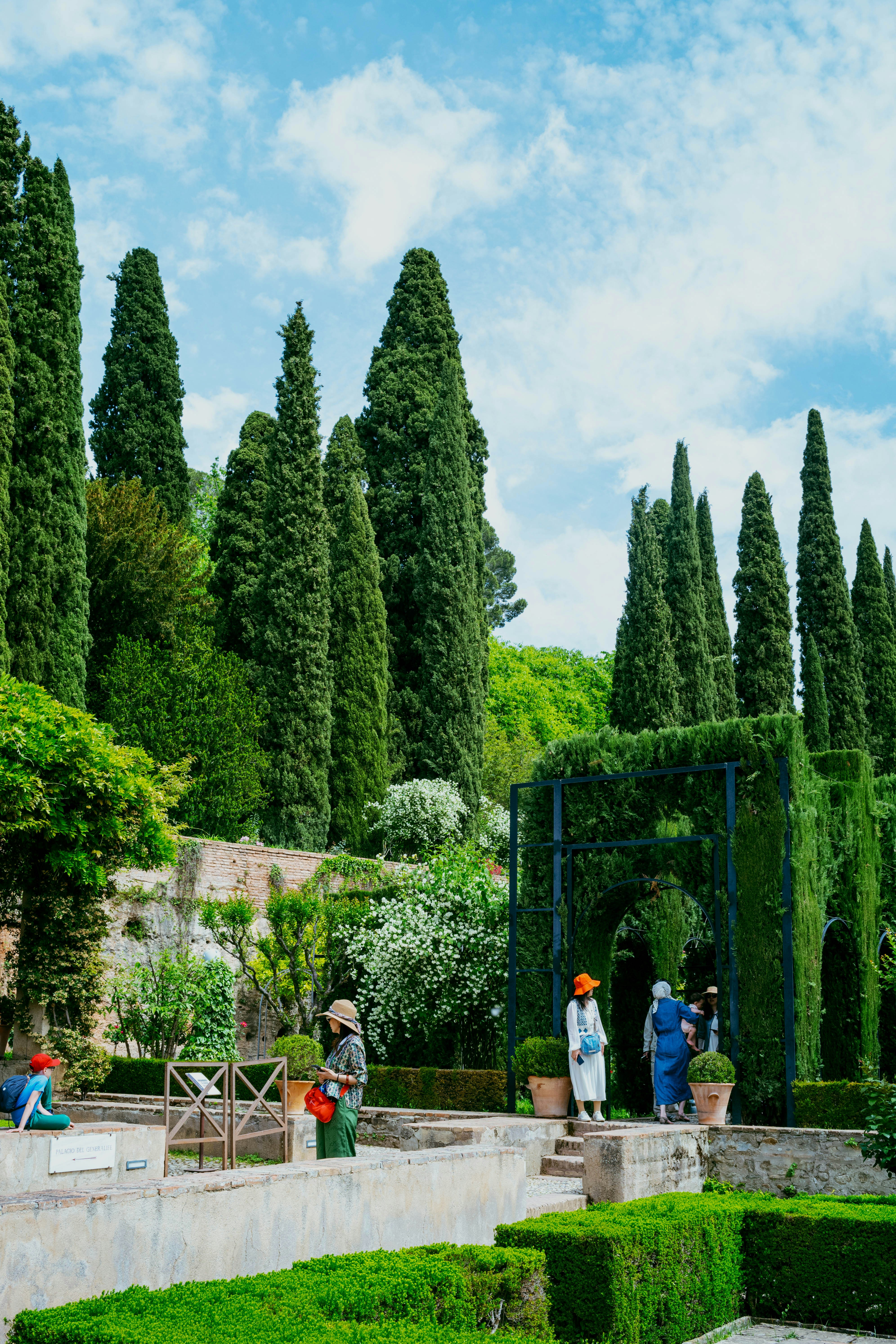 Garden Visitors Beneath Tiered Cypress Walls