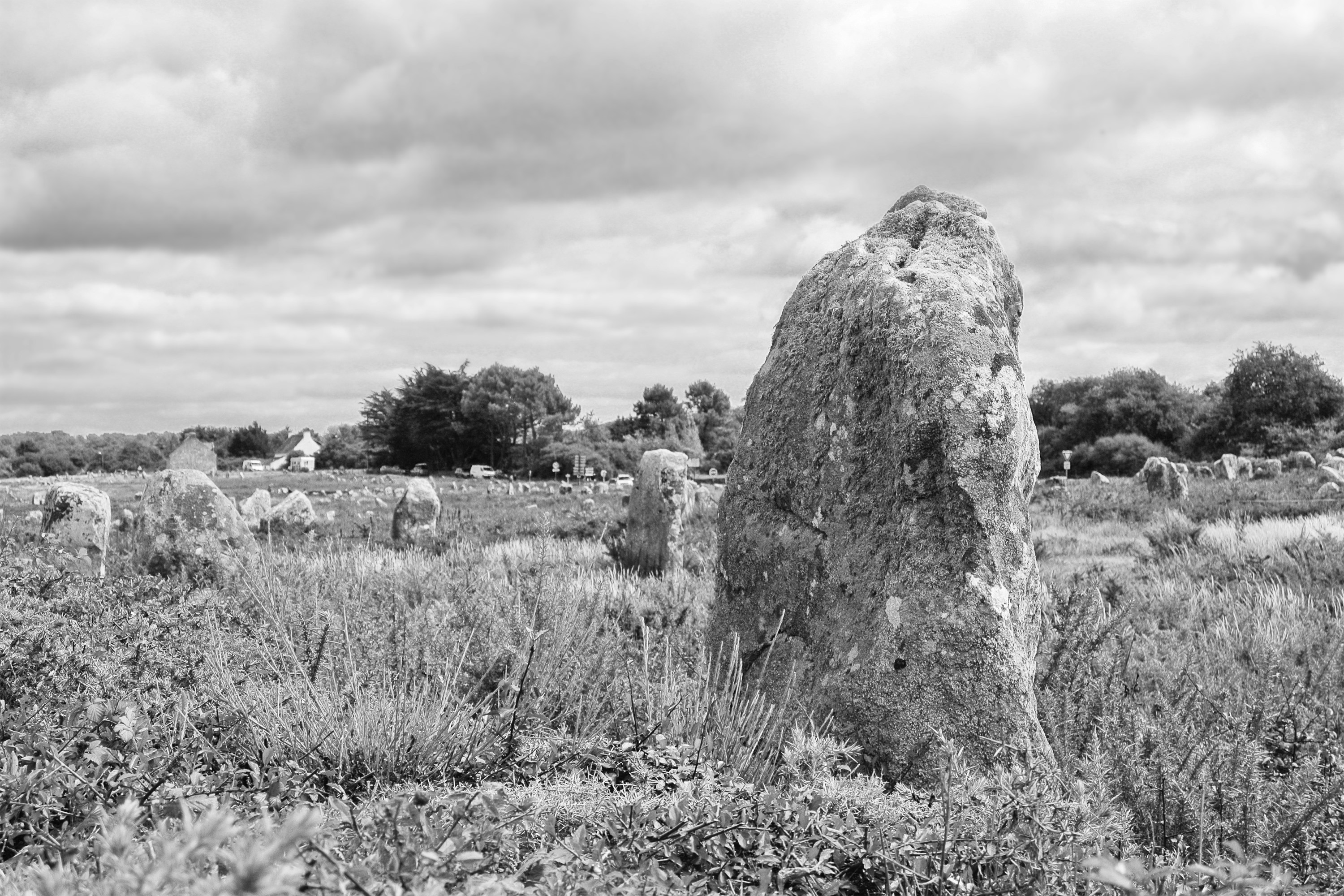 Field of standing stones under overcast sky with a prominent foreground stone; a tranquil historic site captured in grayscale.