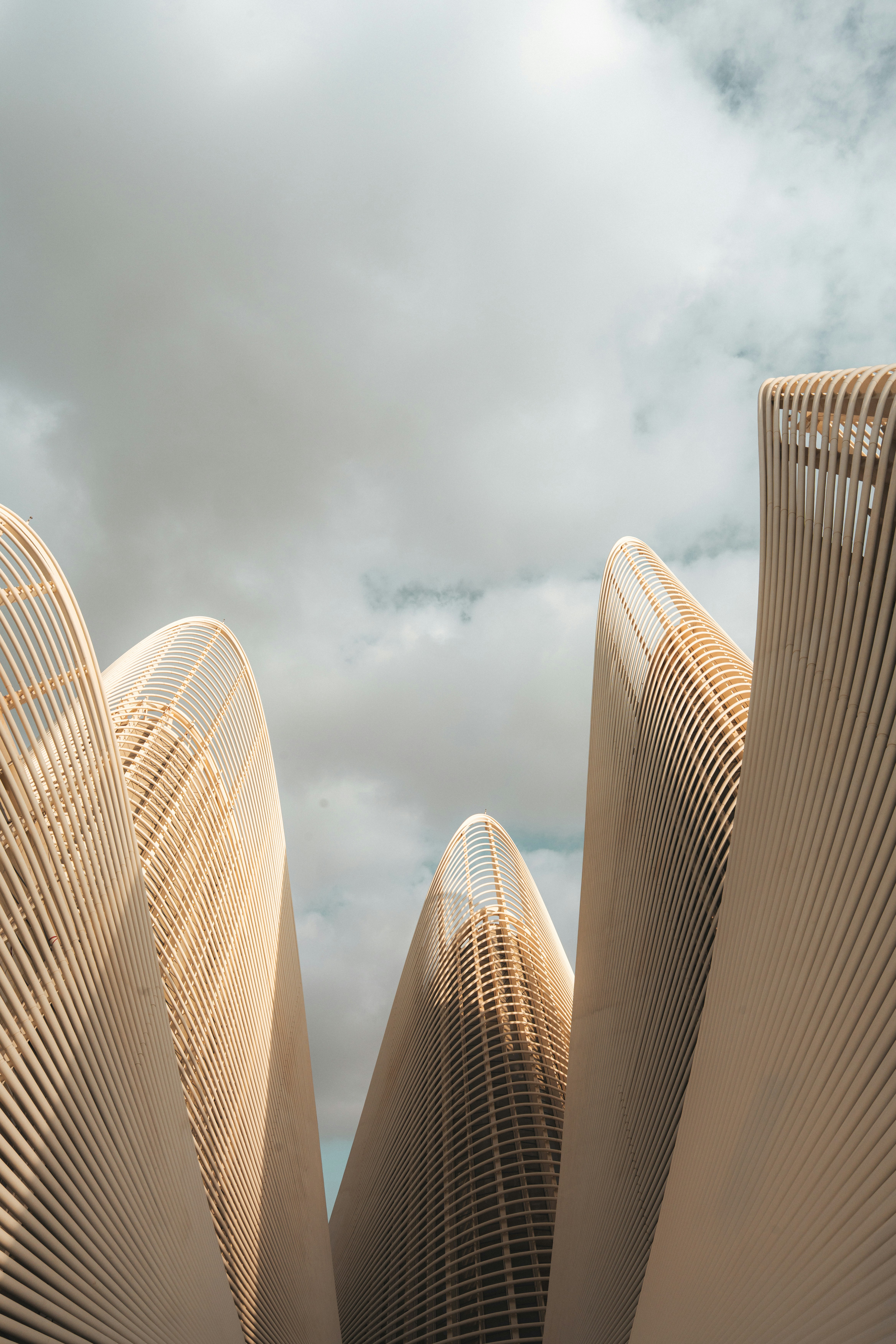 Architectural Waves: Curved Metal Ribs Reaching Toward a Sky-Hung Horizon