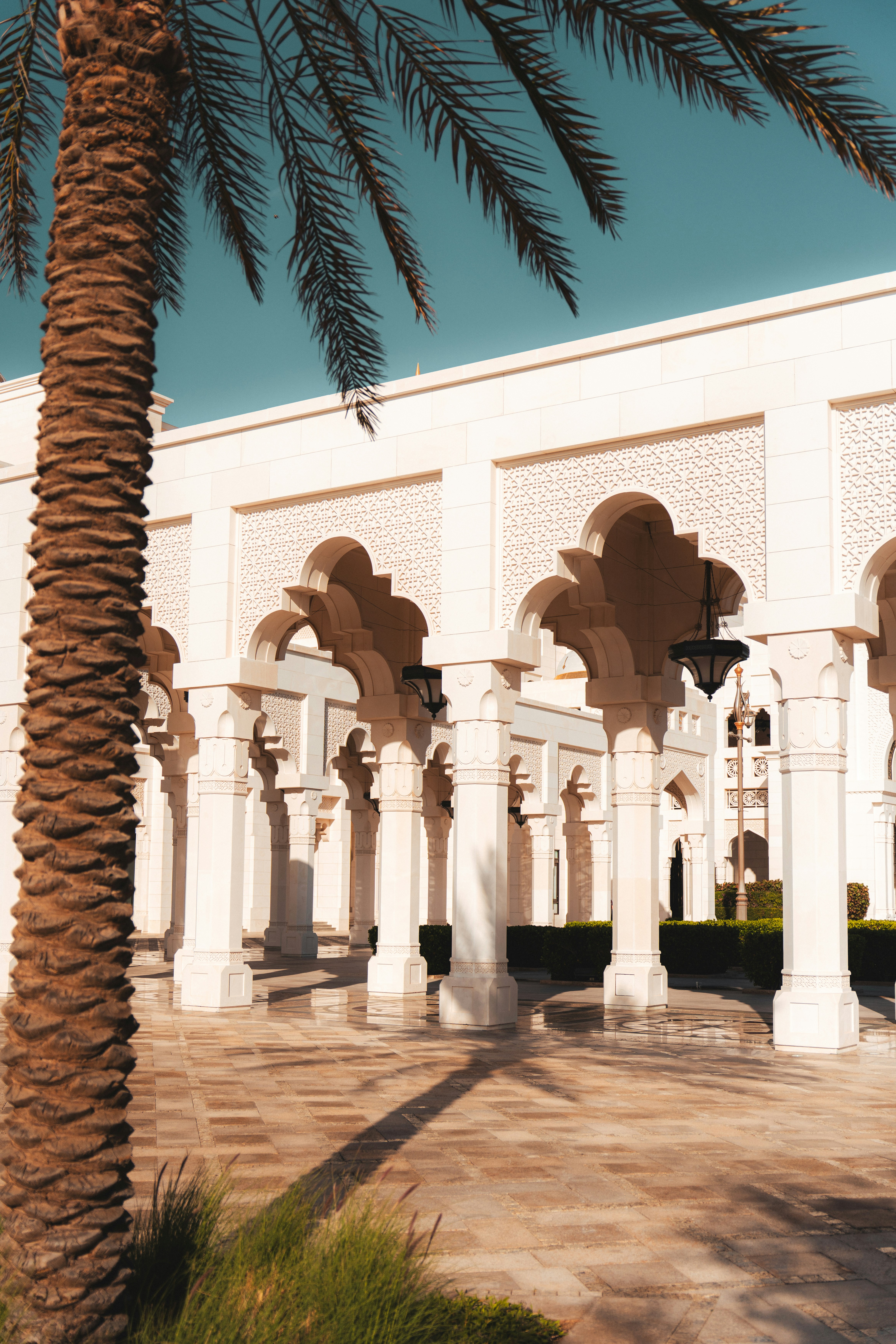 Arched Colonnade and Palm Shadow at Golden Hour