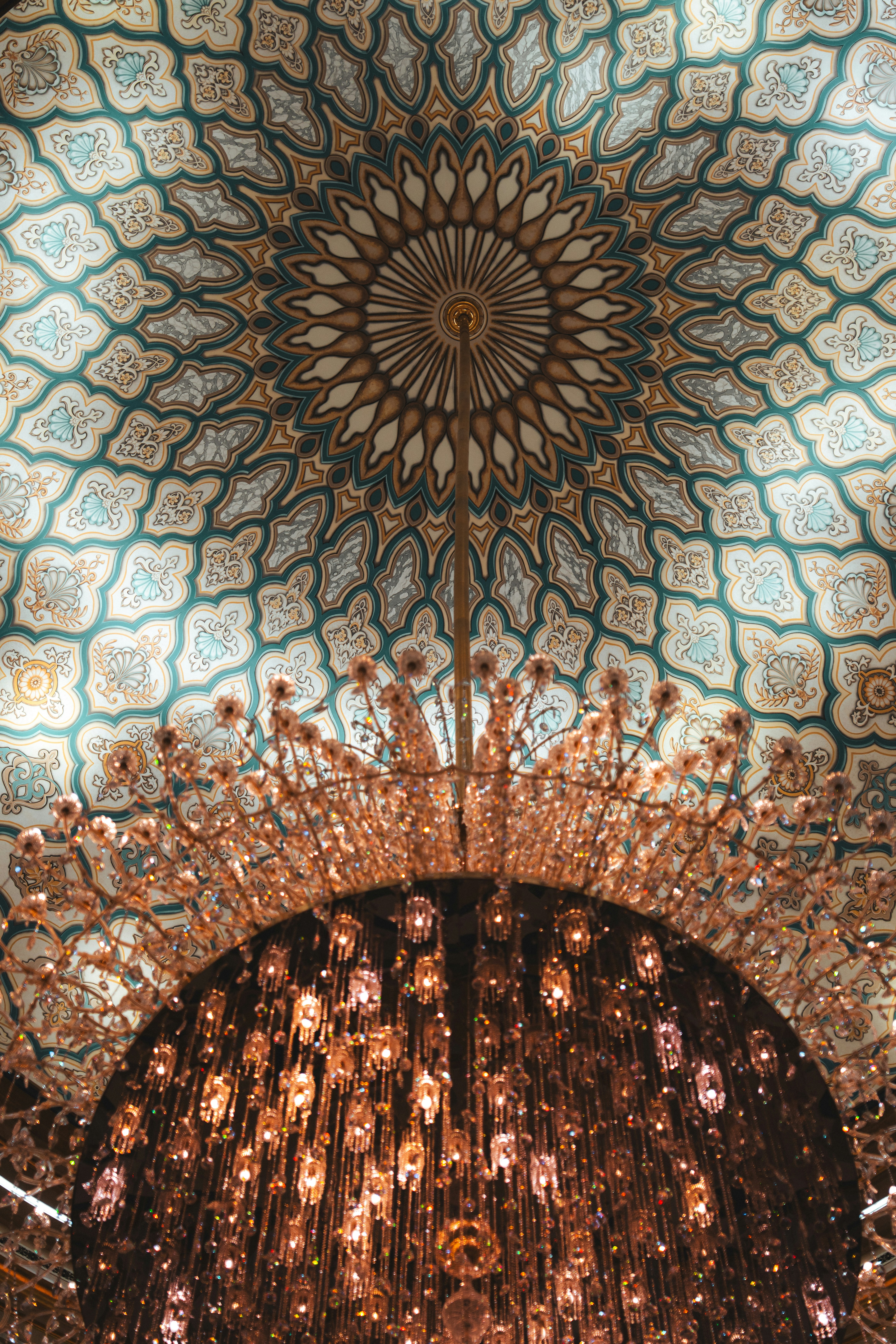 Ornate Ceiling Convergence: A Gazing Eye at the Chandelier's Glow