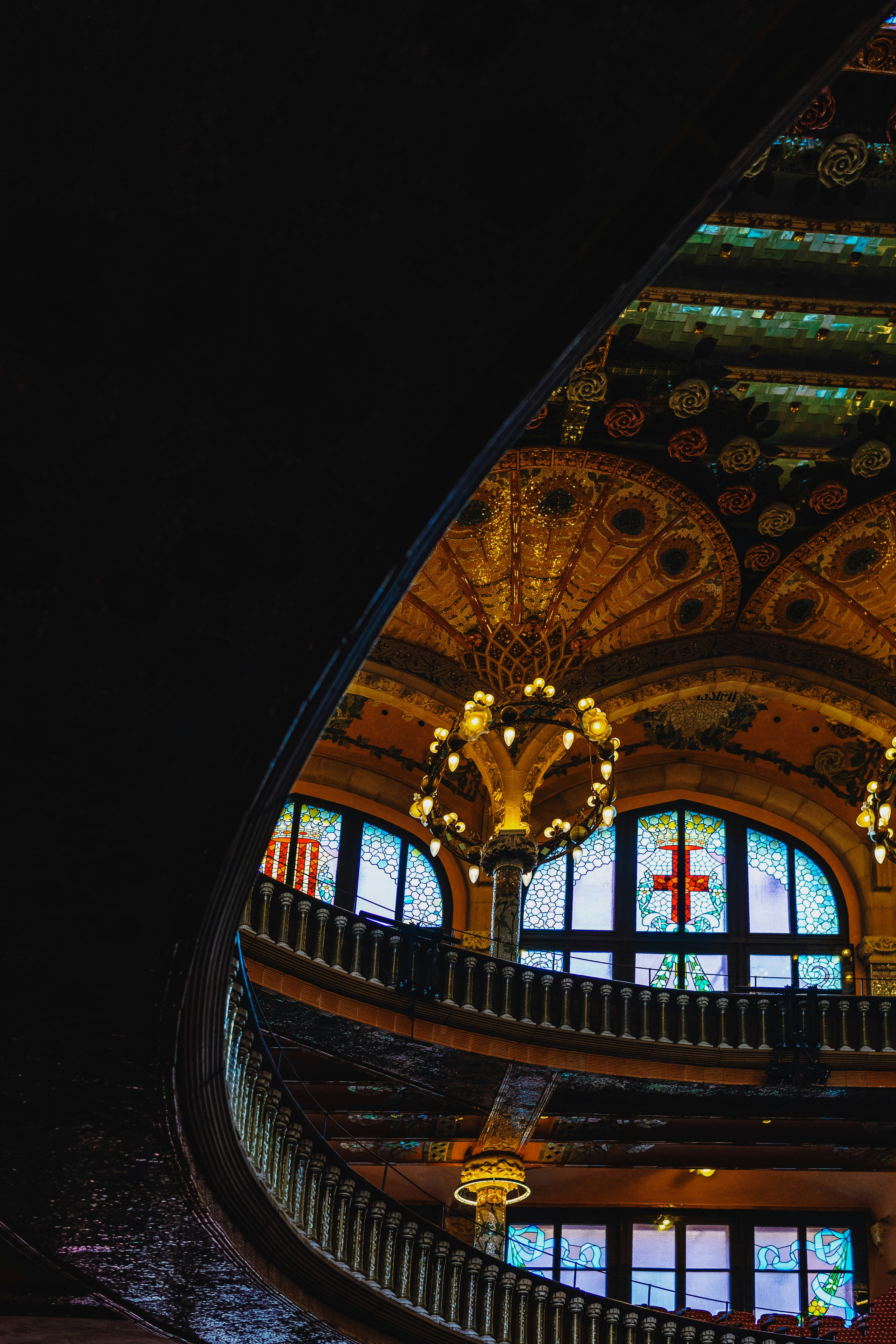 Midnight Atrium: Stained Glass and Staircase Orbit