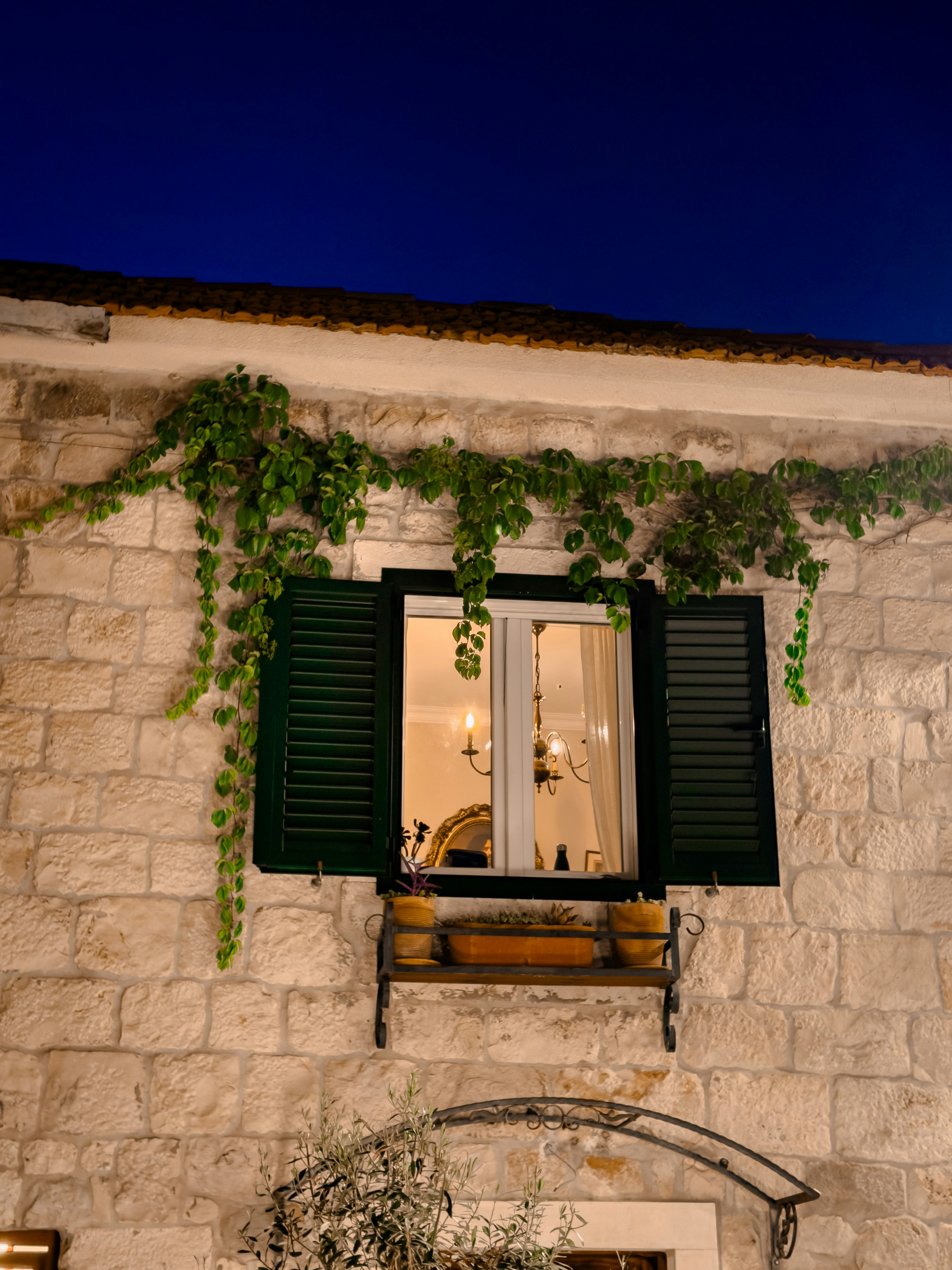 Moonlit Window: Ivy Cloaked Terrace in Stone facade