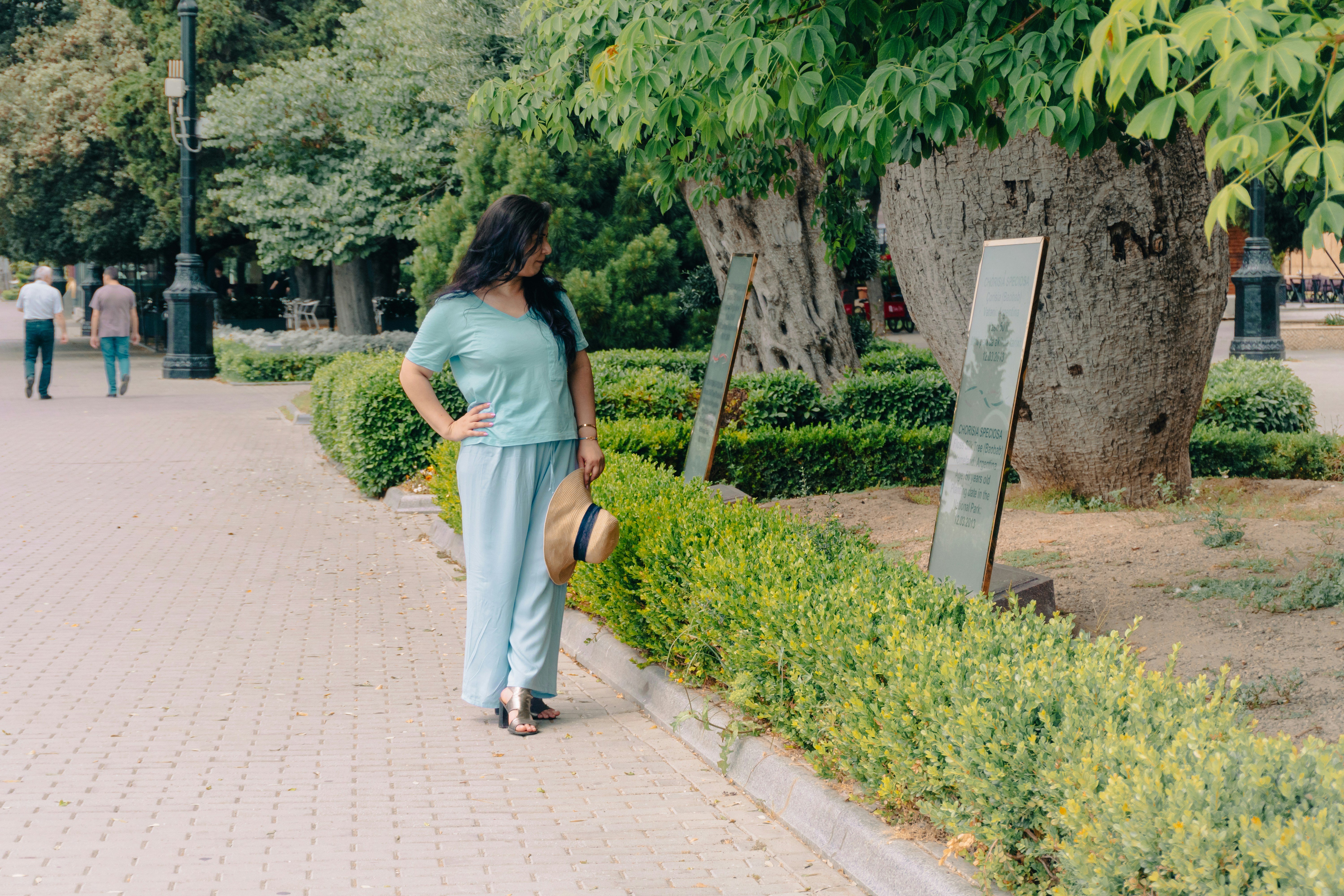 A Quiet Moment in the Park: Woman in Teal on a Brick Path