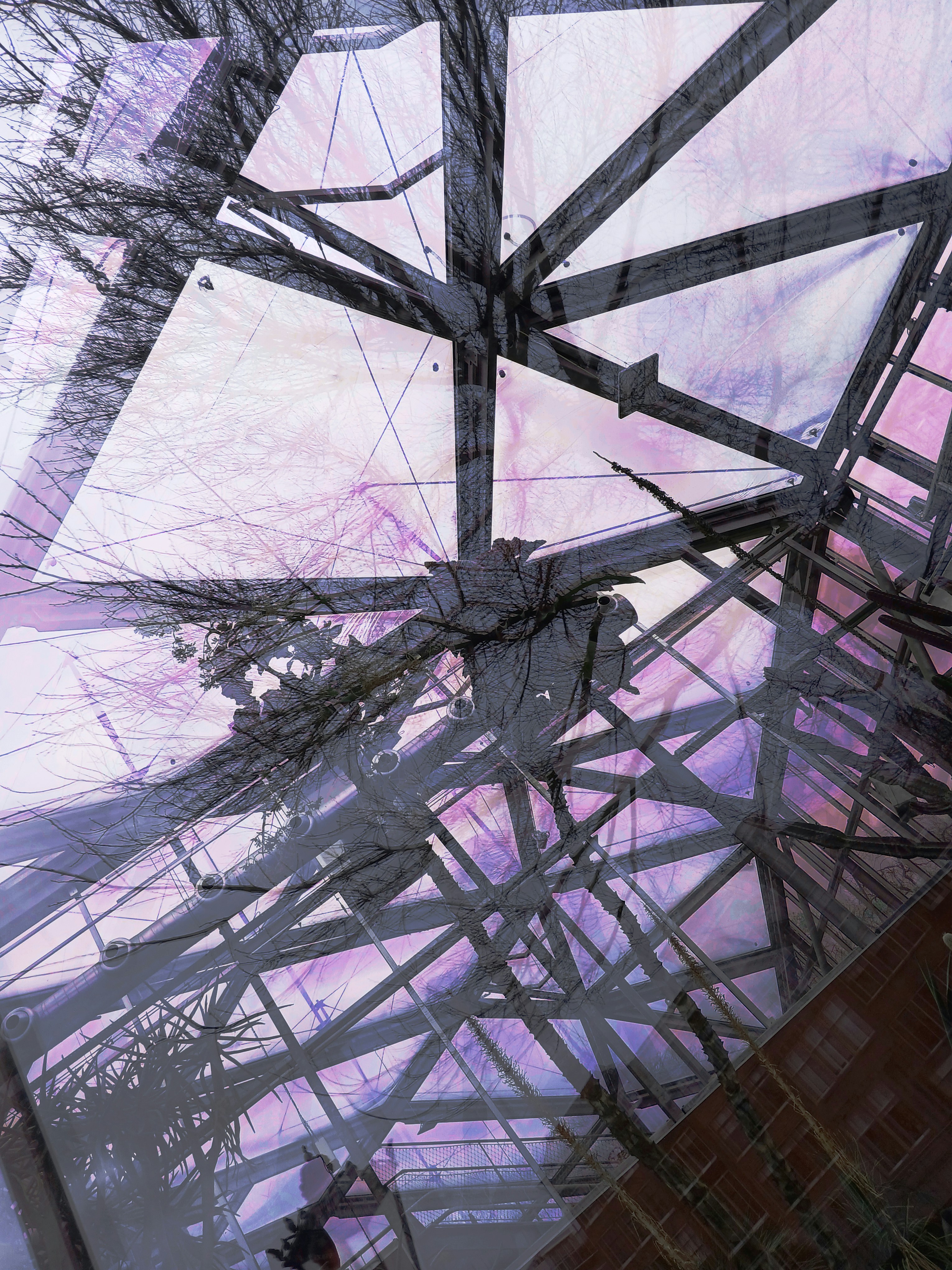 Abstract structure with intersecting steel beams and glass panels, reflected in a tinted surface with purple hues, creating geometric lines and layered depth.
