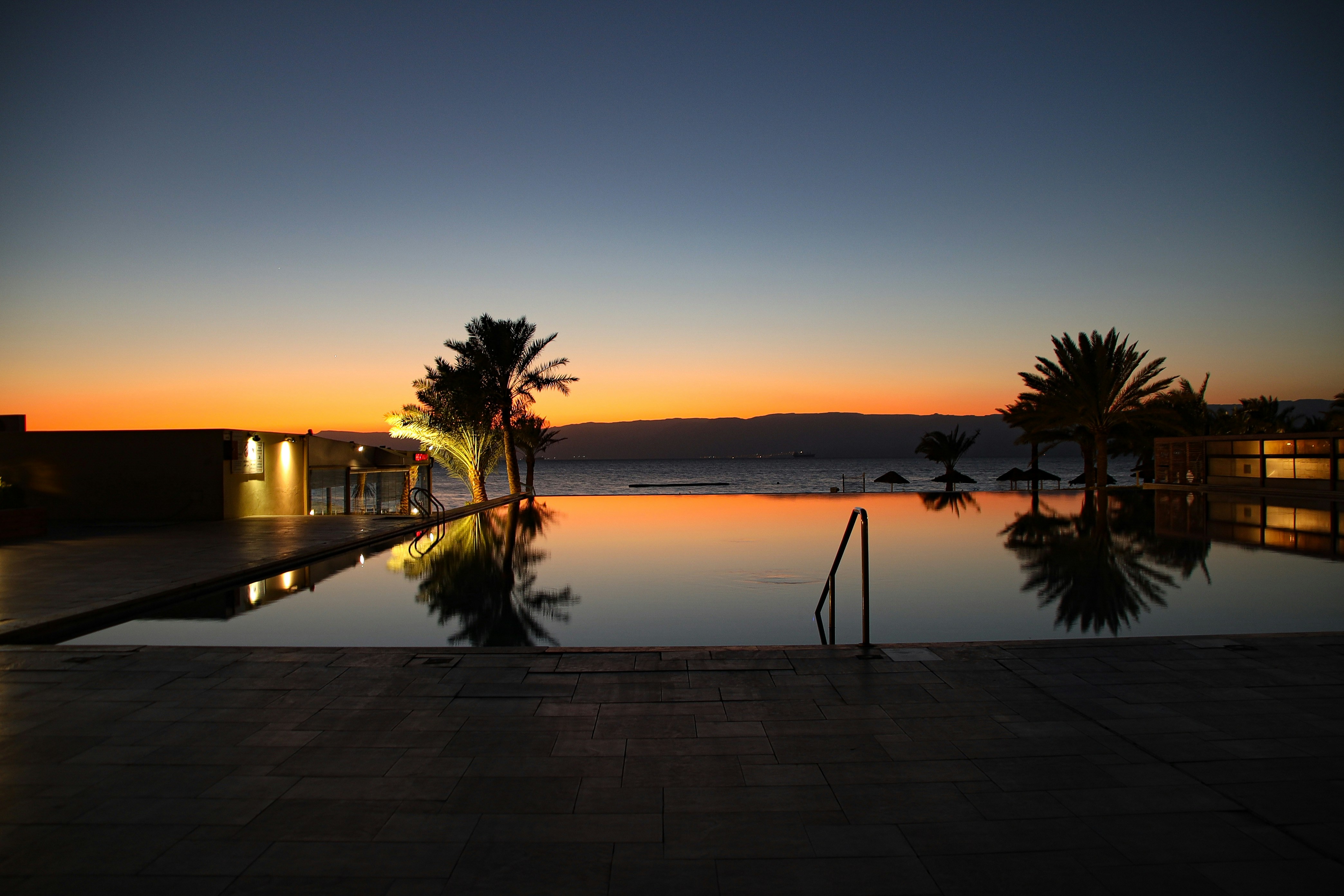 Twilight Pool: Palm Shadows at Sunset