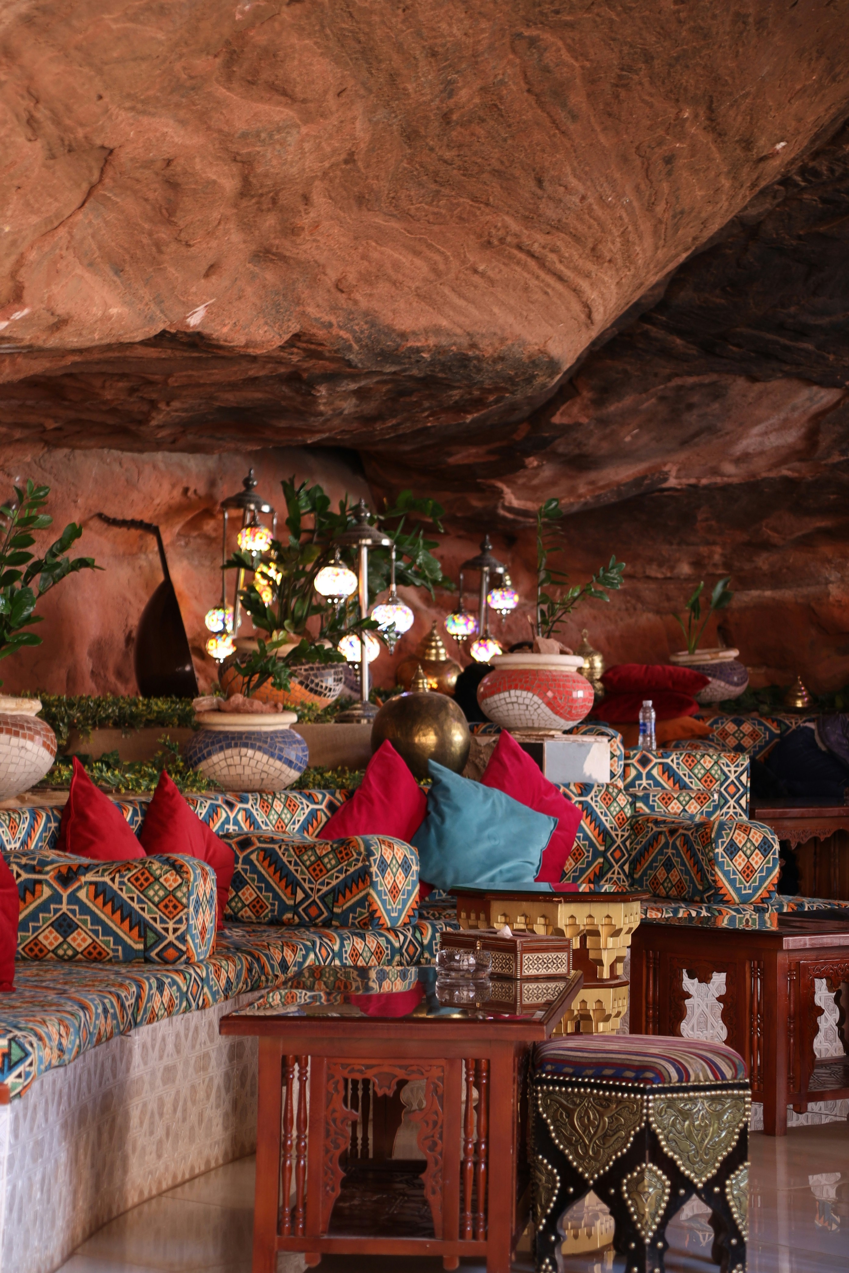 Colorful Lounge Beneath a Rustic Arch