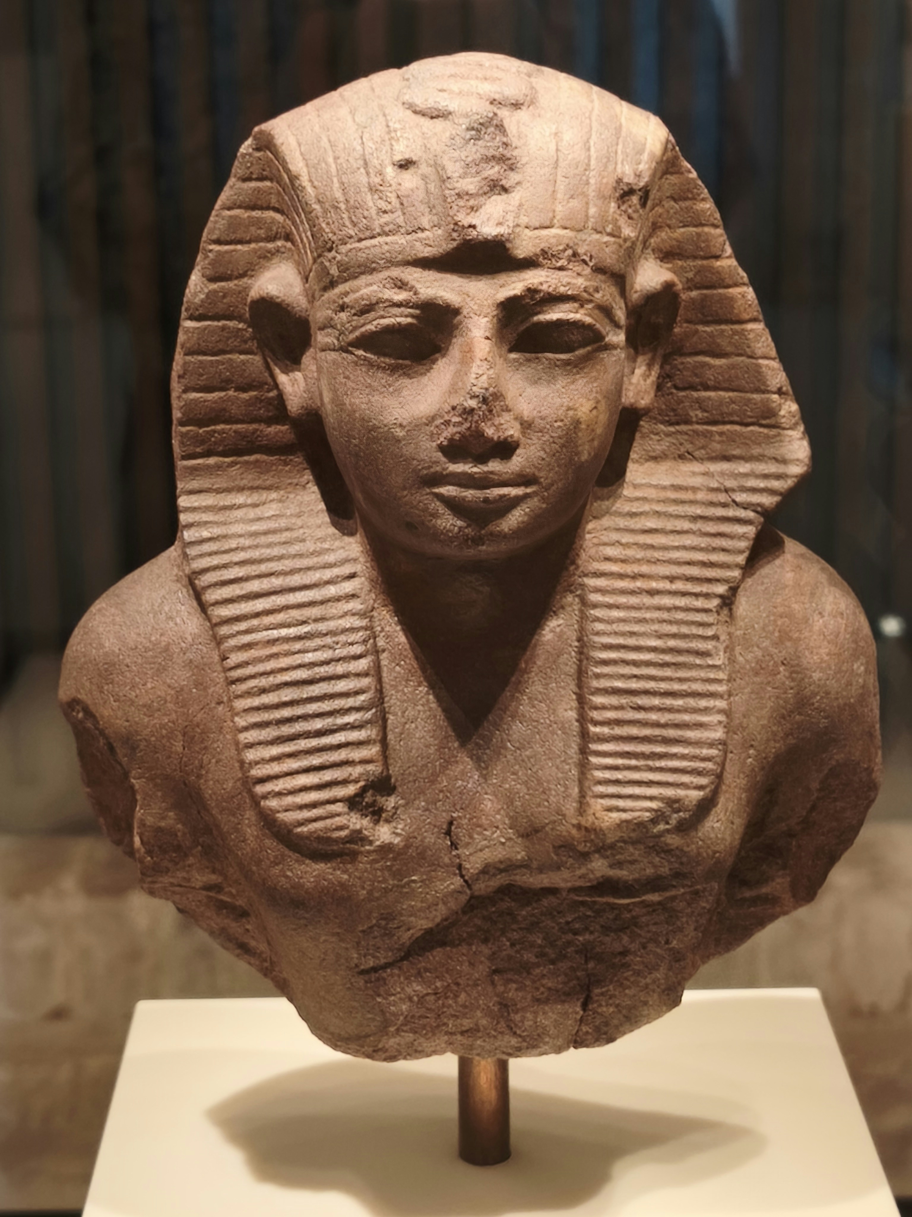 Stone bust of an ancient Egyptian pharaoh on display, lit with warm museum lighting that highlights facial features and headdress; stone texture and pedestal visible.