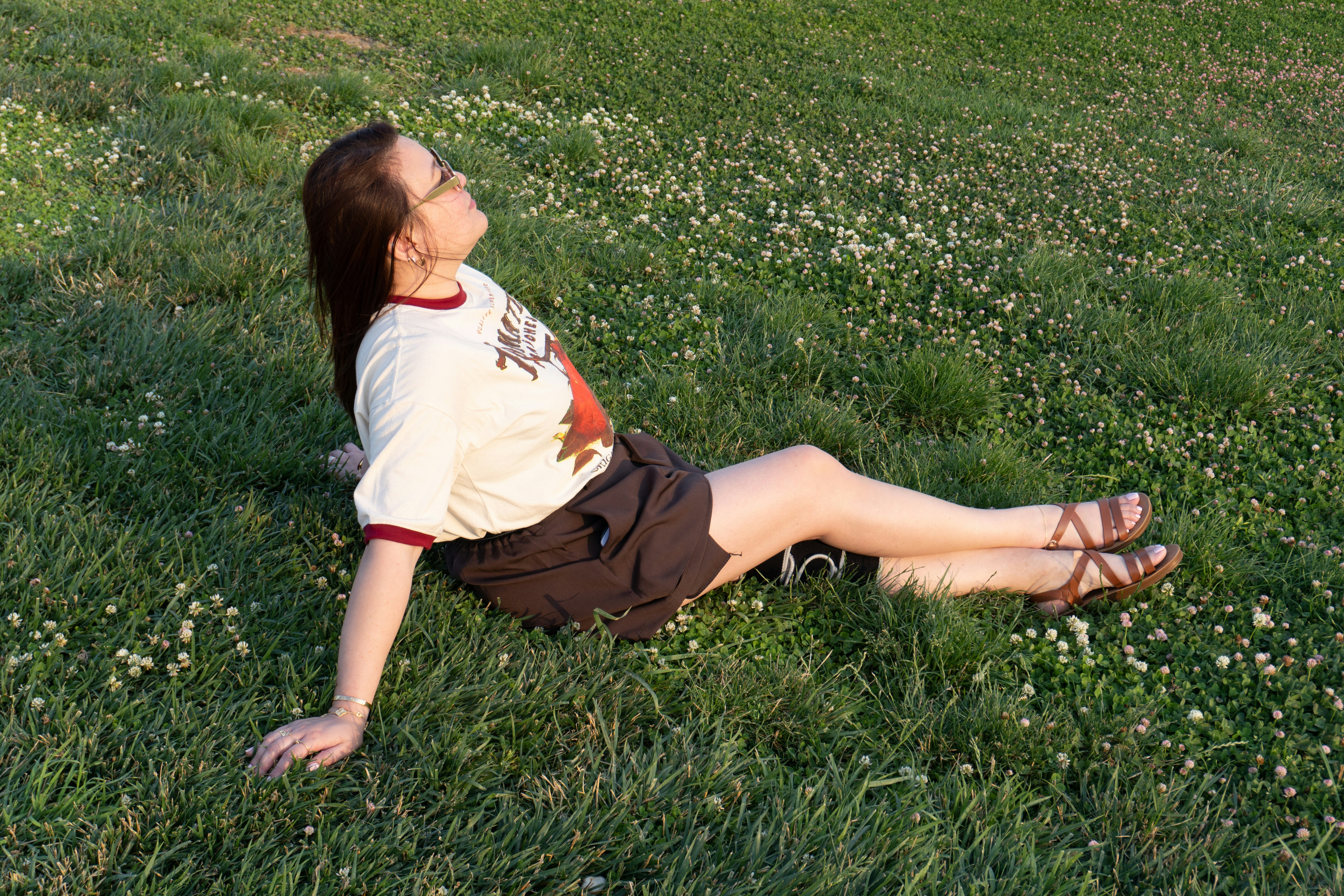 Sunlit Lying Pose in a Clover-Choked Meadow