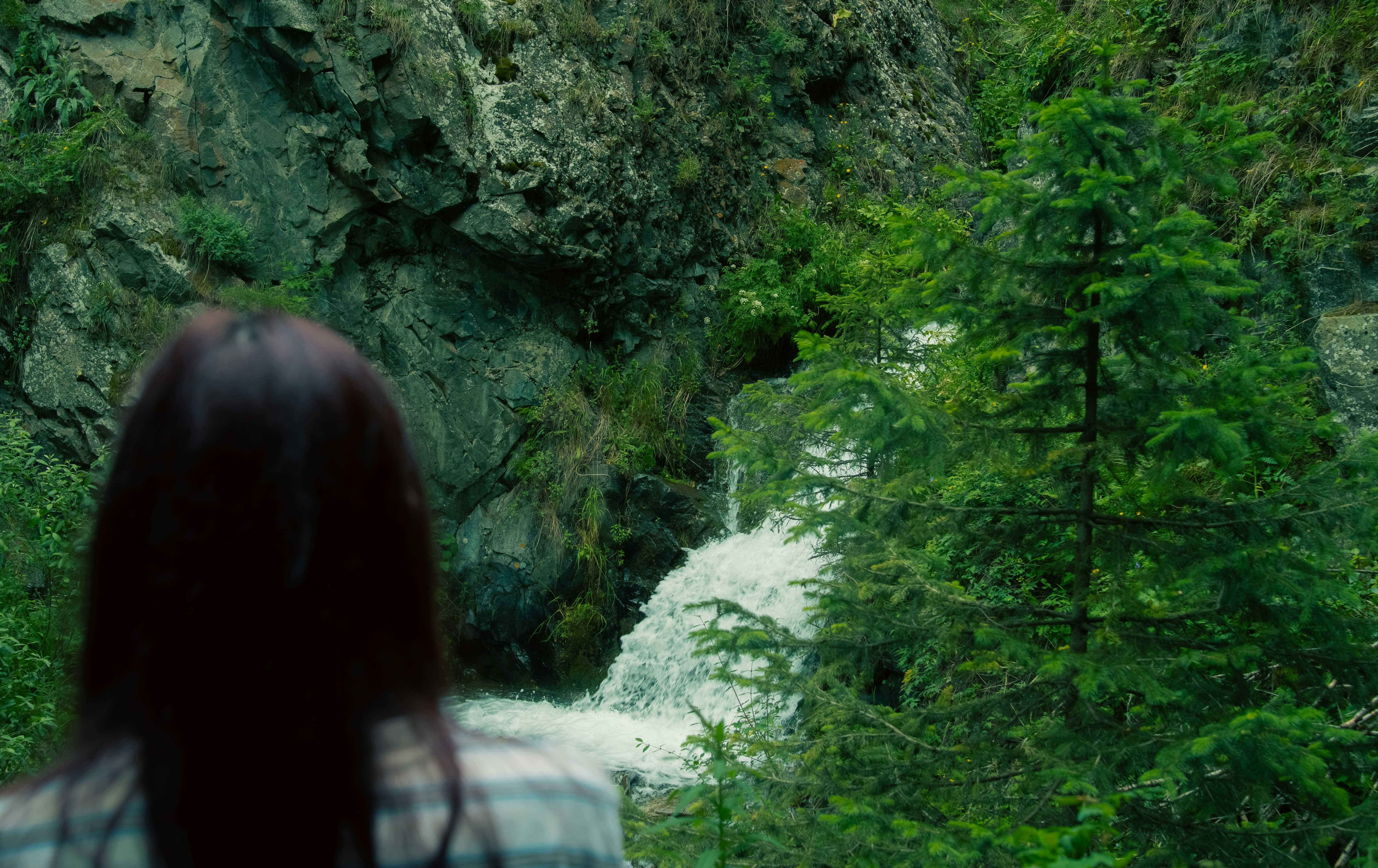 Behind the Veil: A Silhouette Gazes Toward a Cascading Hidden Falls
