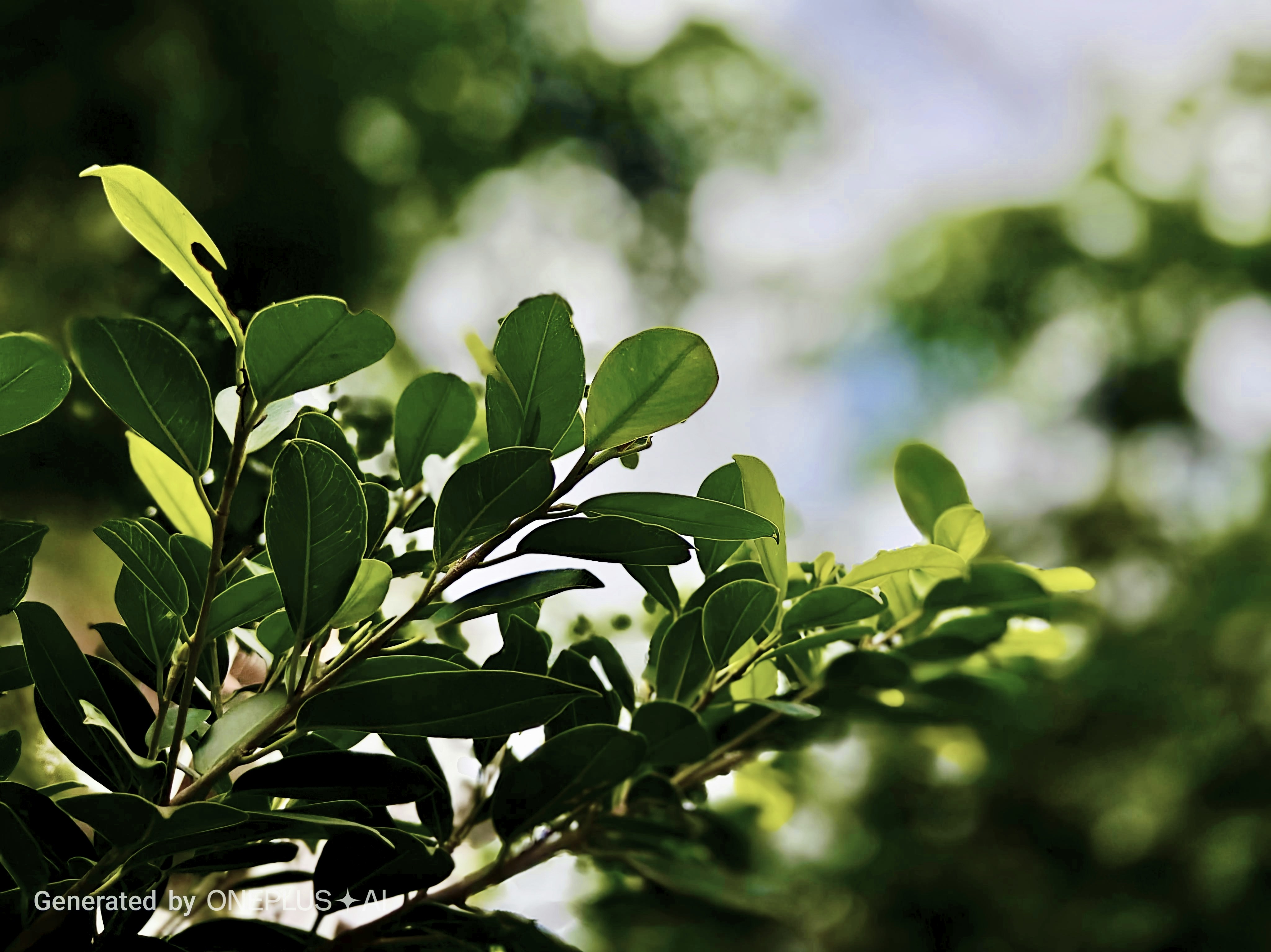 Close-up of vibrant green leaves with sunlight catching the edges, set against a softly blurred garden backdrop. A small portion of text watermark appears in the lower-left corner.