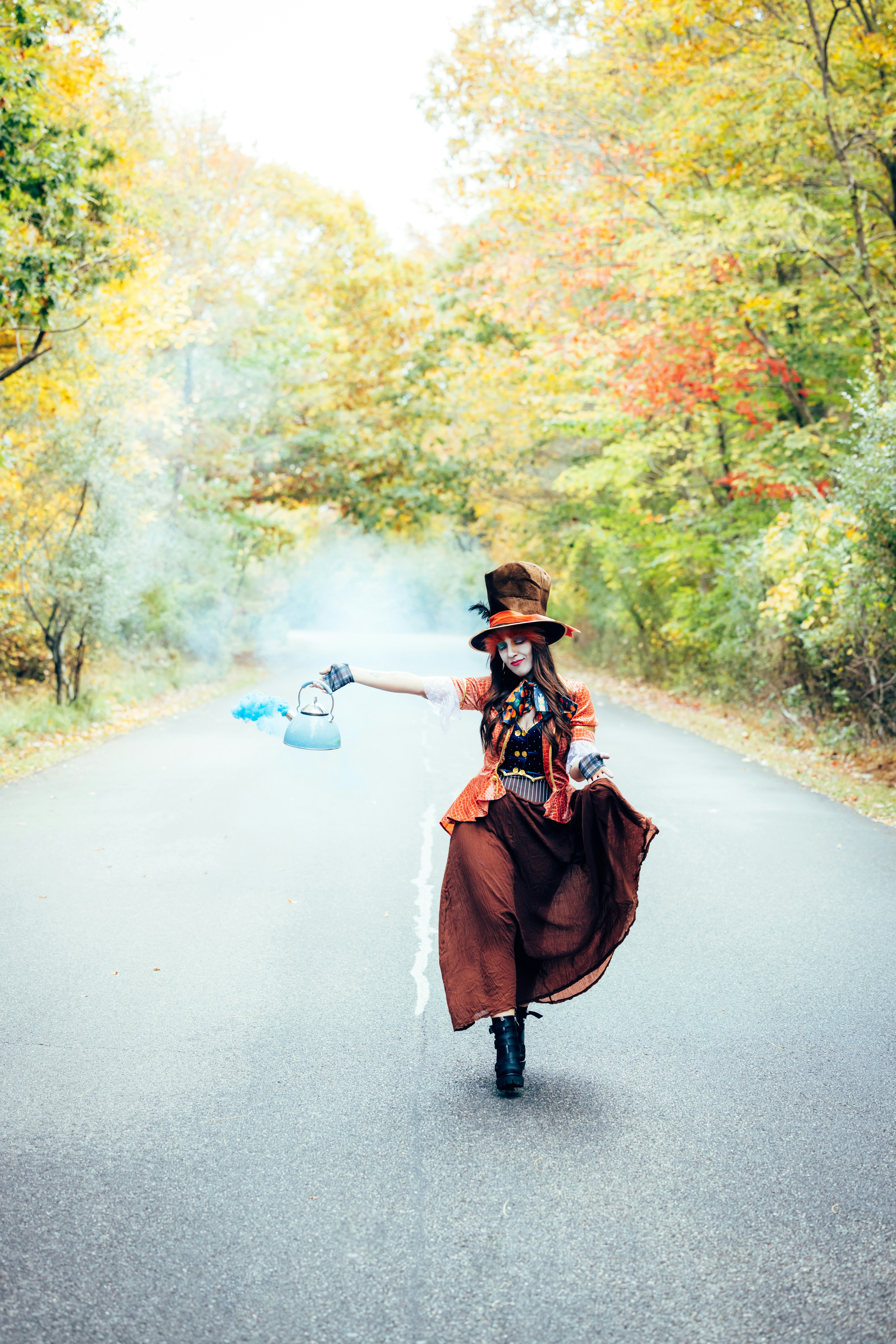 Autumn Parade: A Dapper Figure Struts Down a Misty Road