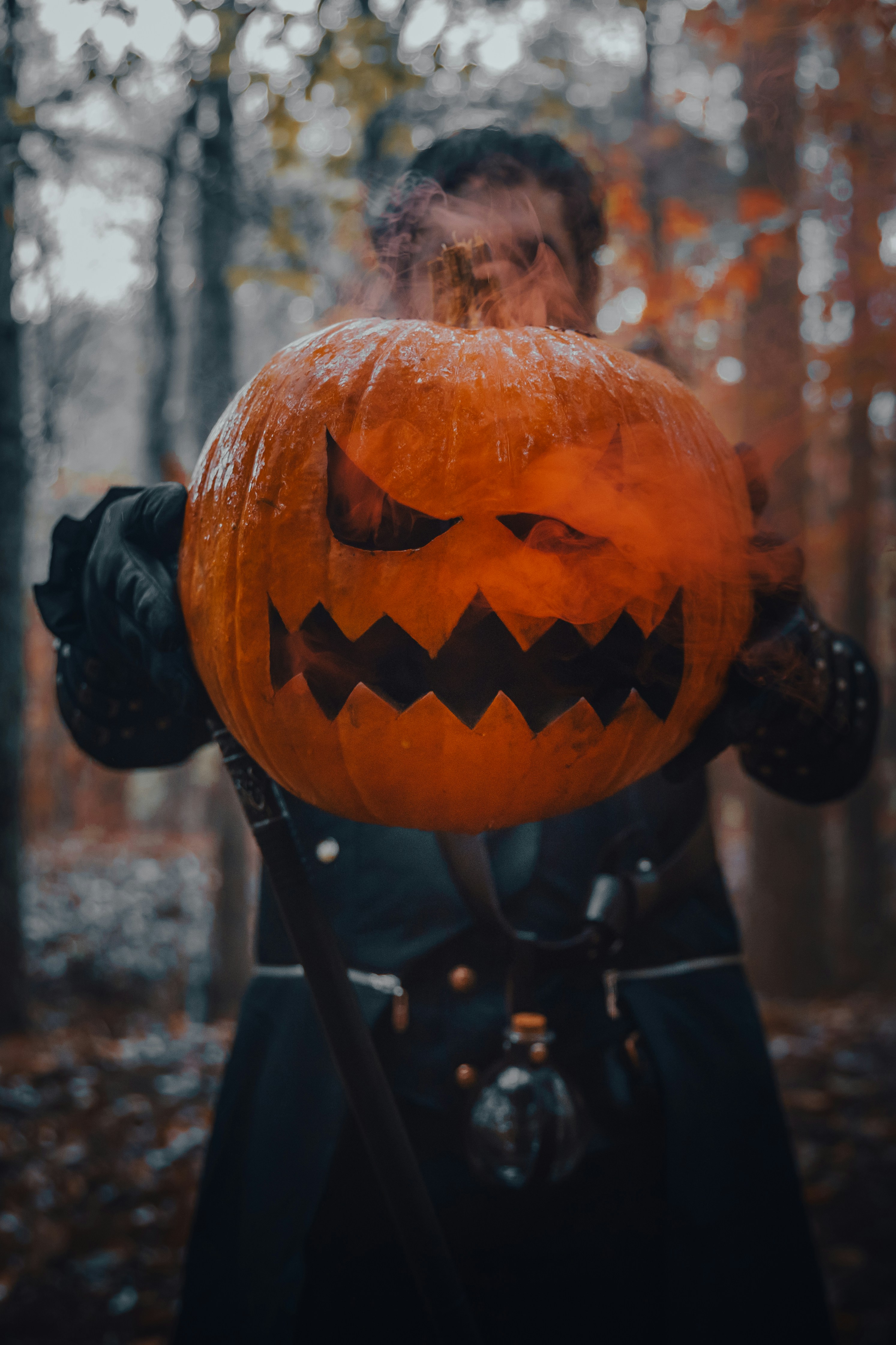 Lantern of Ember: Pumpkin Mask in Autumn Fog