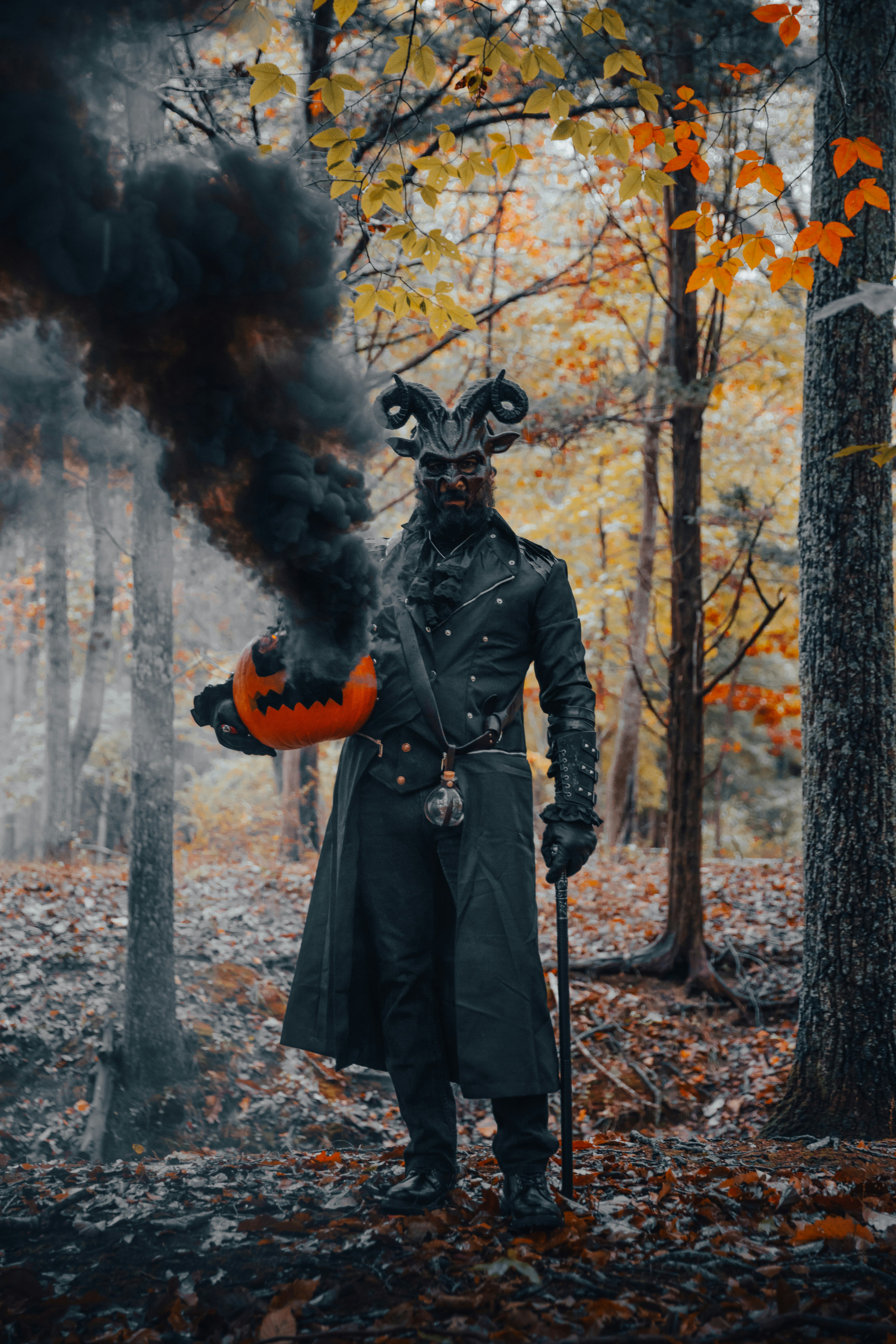 Dark Carnival: Masked Gatekeeper in an Autumned Forest