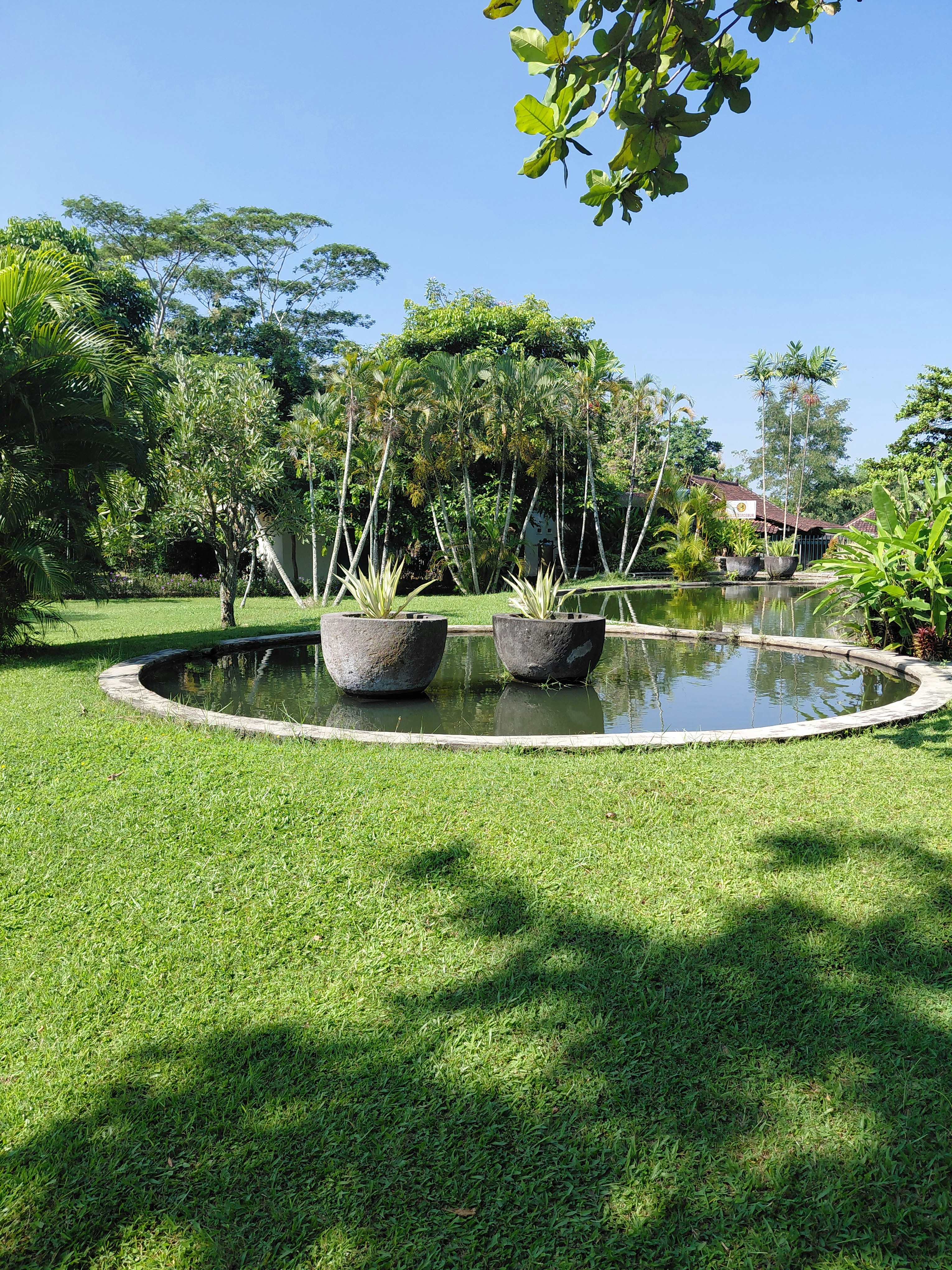 Circular fountain centerpiece under a bright tropical sky