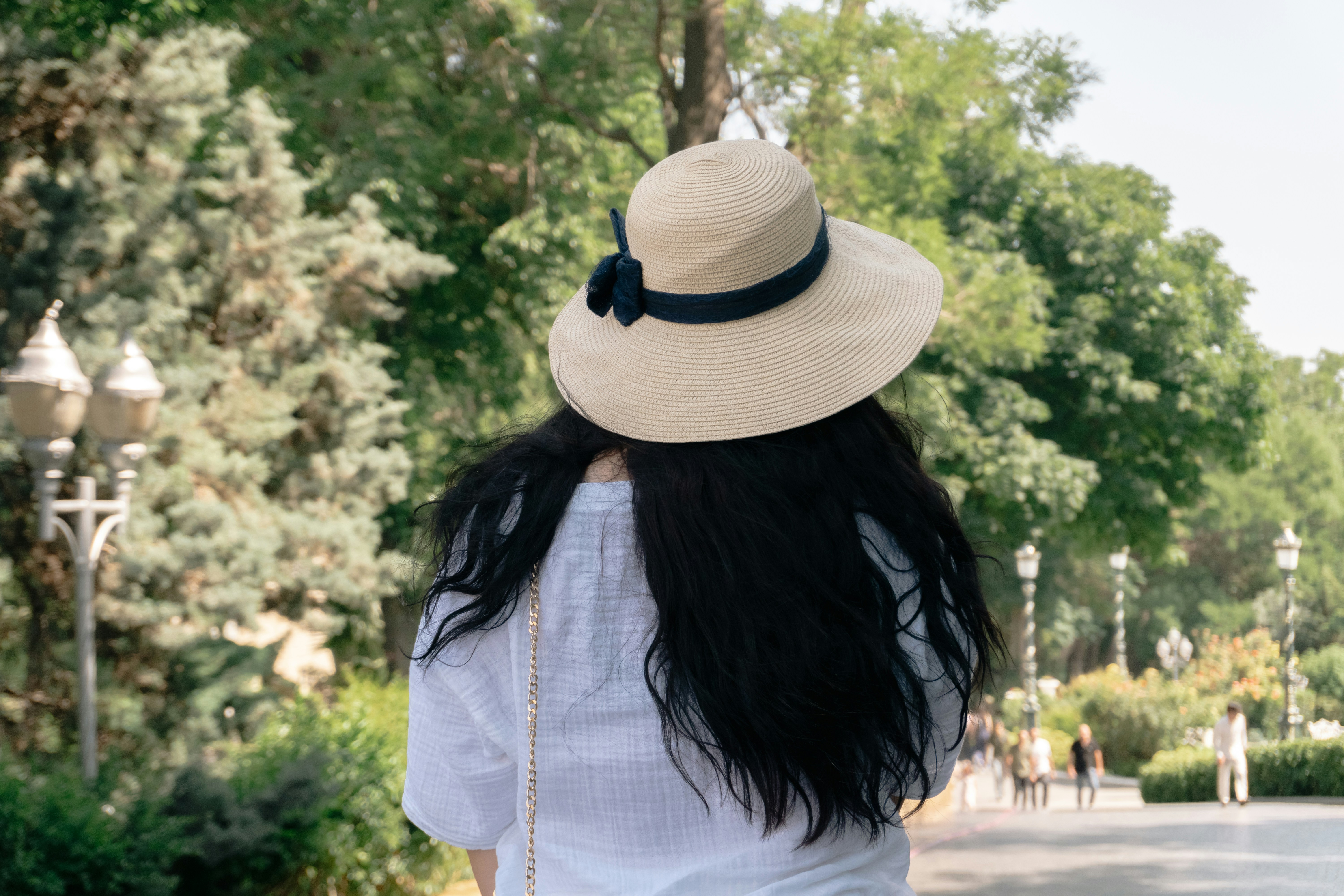 Sunlit Hat and Quiet Path: A Back View Portrait