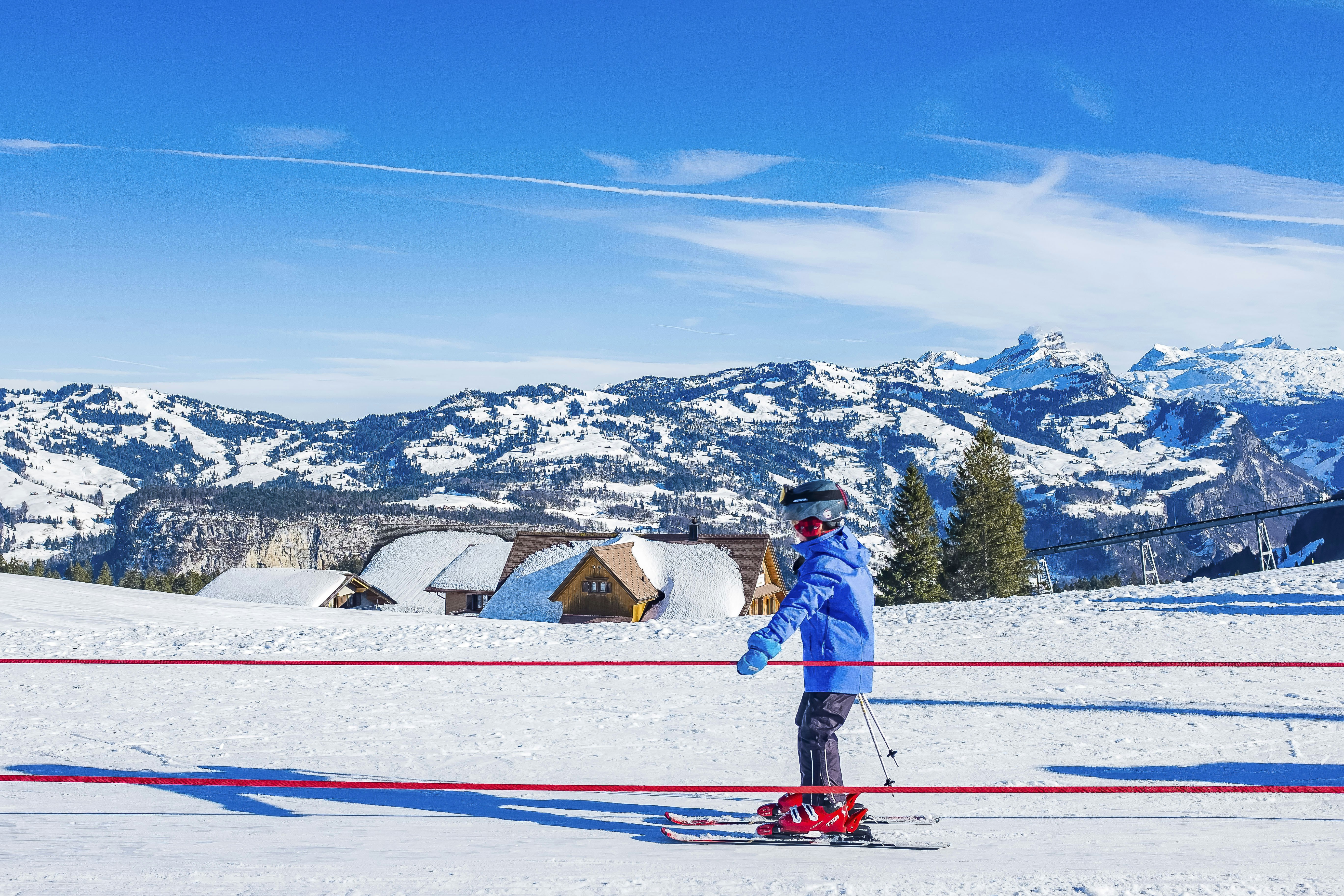 Blue-Suited Skier Beyond the Snow-Dusted Horizon