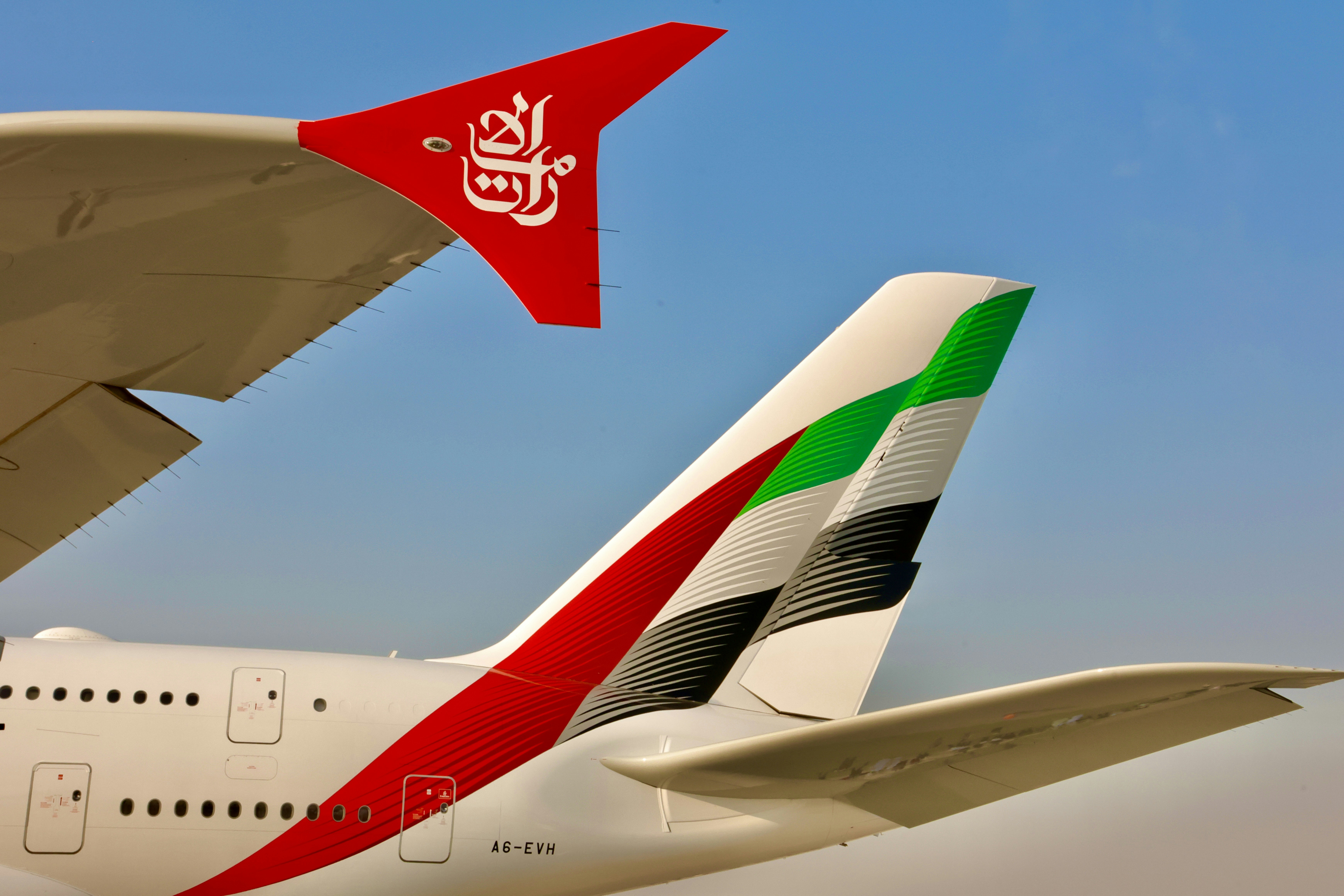 Tails of travel: a close-up on the Emirates fin against a clear sky
