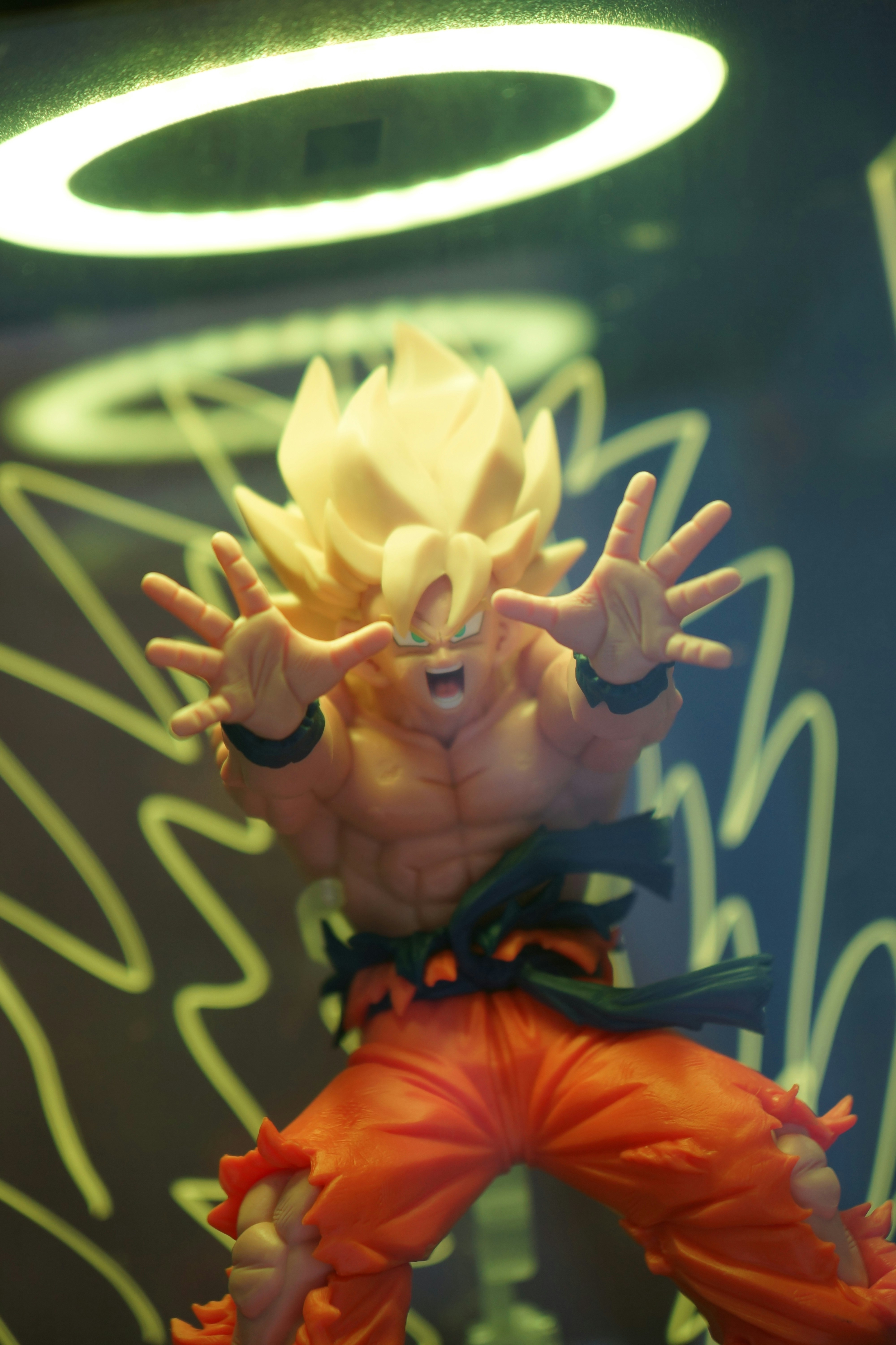 Glimmering Ringed Focus: Goku-Style Action Under Neon Studio Lights