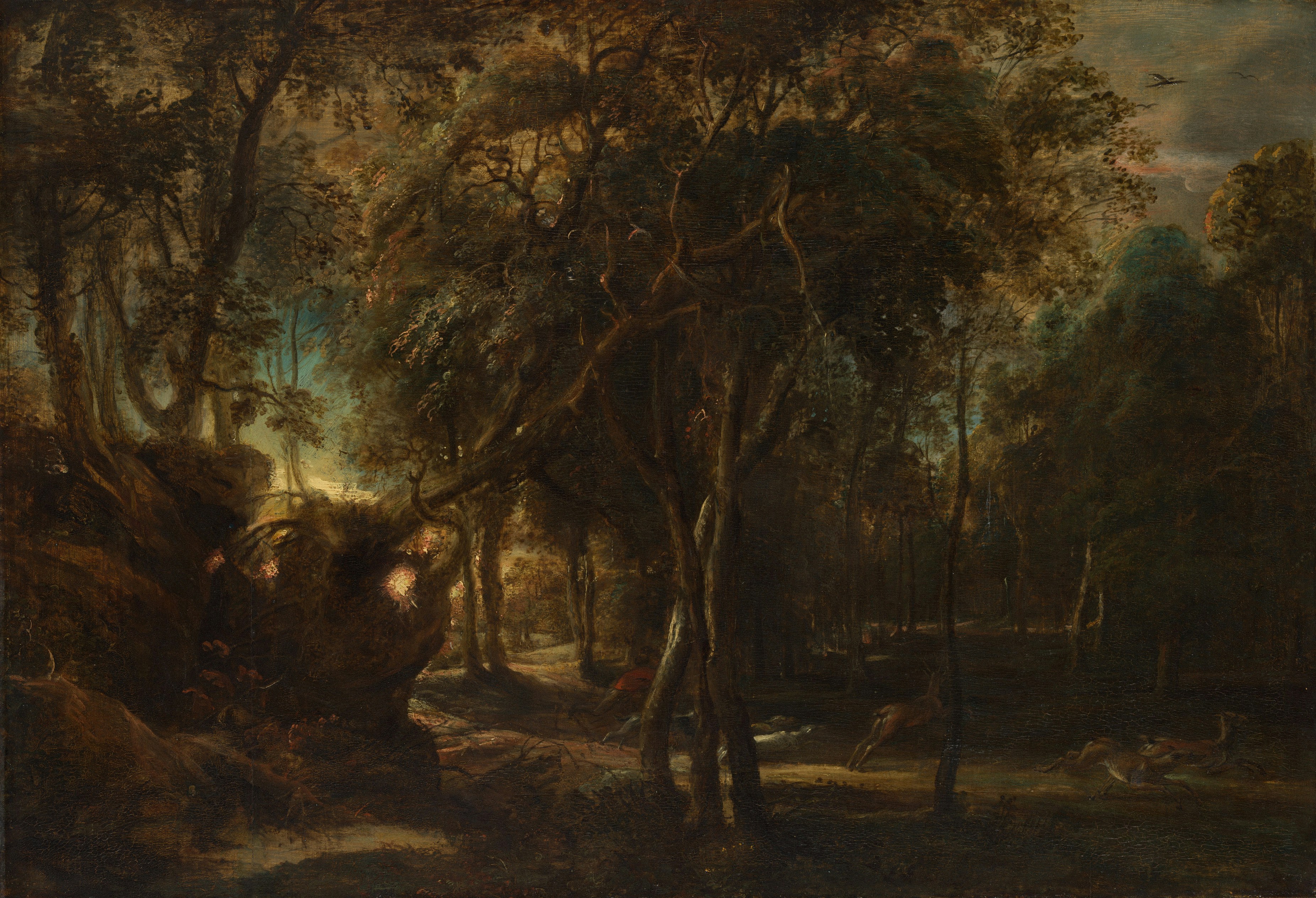 Title: A Forest at Dawn with a Deer Hunt,Artist: Peter Paul Rubens (Flemish, Siegen 1577–1640 Antwerp),Date: ca. 1635,Medium: Oil on wood,Dimensions: 24 1/4 x 35 1/2 in. (61.5 x 90.2 cm),Classification: Paintings,Object Number: 1990.196,Curatorial Department: European Paintings. http://www.metmuseum.org/art/collection/search/437526