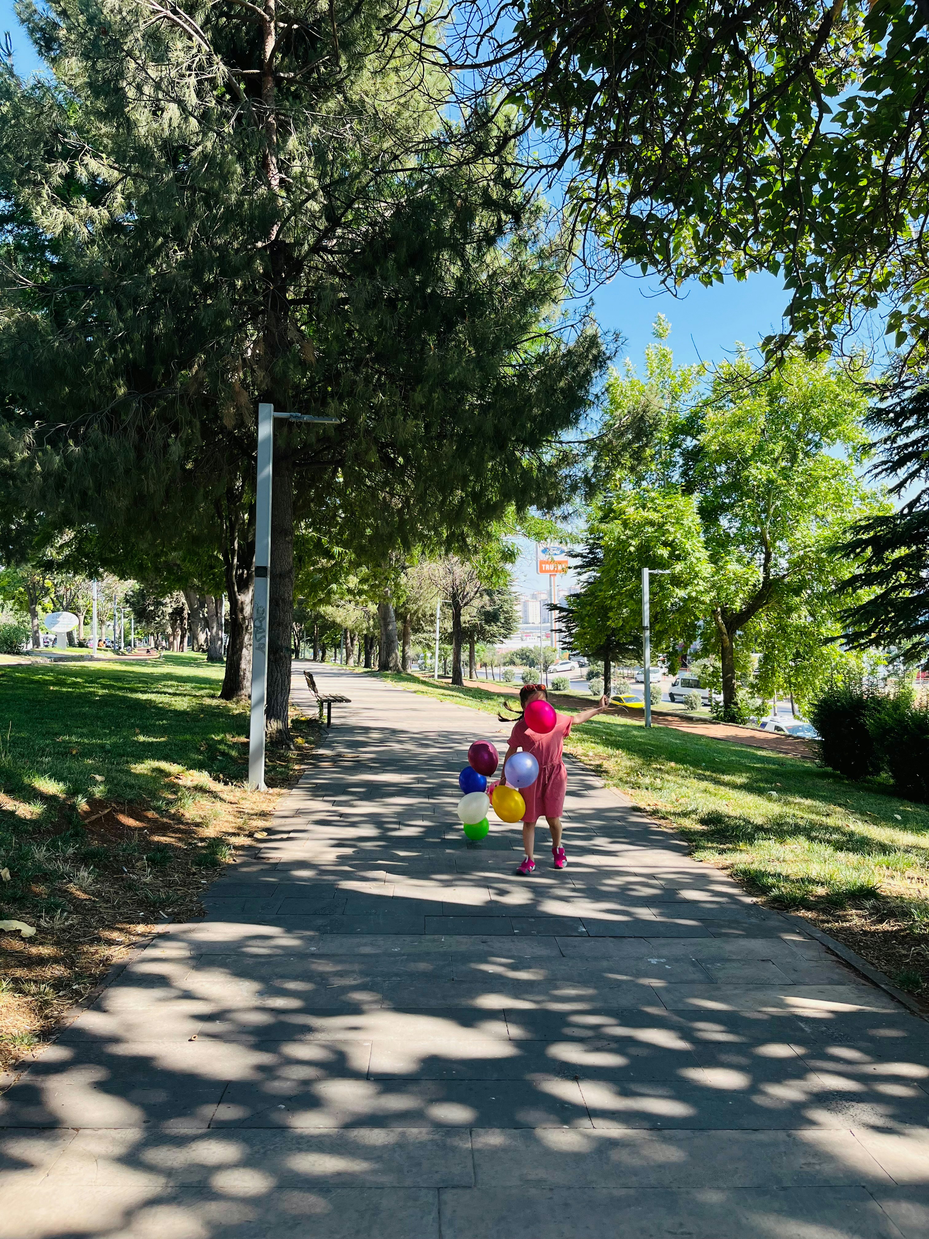 Brightly dressed child holding colorful balloons on a sunlit park path with trees and shadows framing the scene.