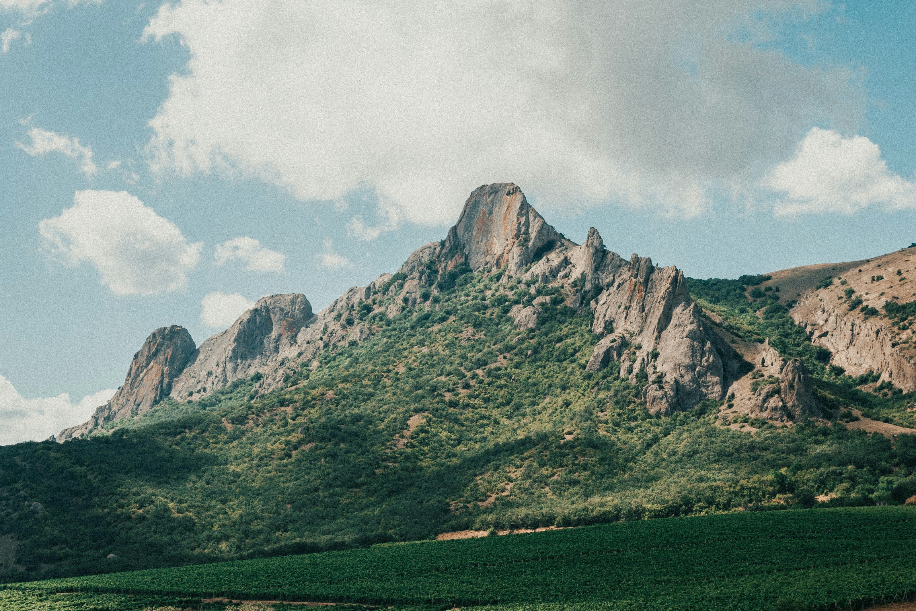 Stone Peaks Over a Verdant Plain at Midday