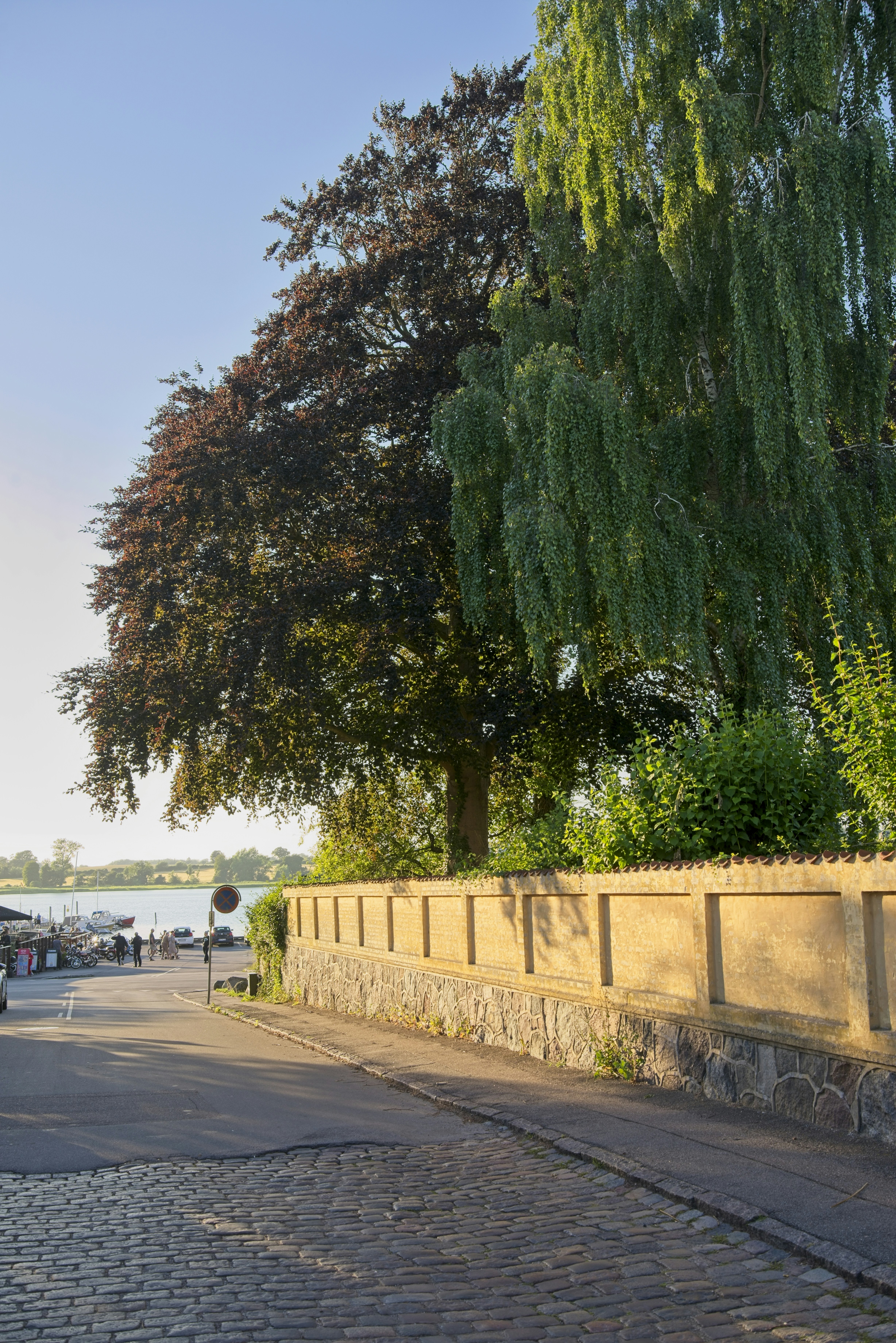 Shaded Terrace along a Riverside Cobblestone Lane